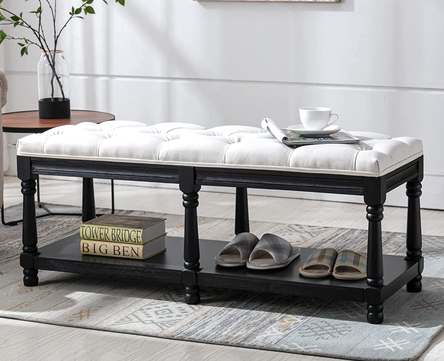 Kmax Storage Entryway Bench Tufted Shoe Rack Bench Black Wood Window ...