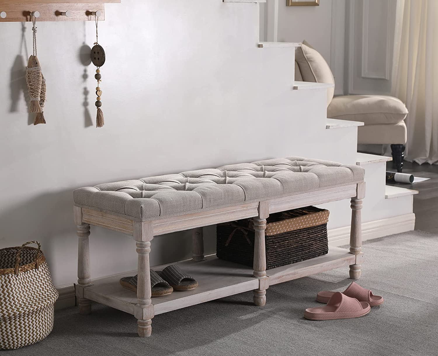 Kmax Storage Entryway Bench Tufted Shoe Rack Bench Wood Window Bench ...