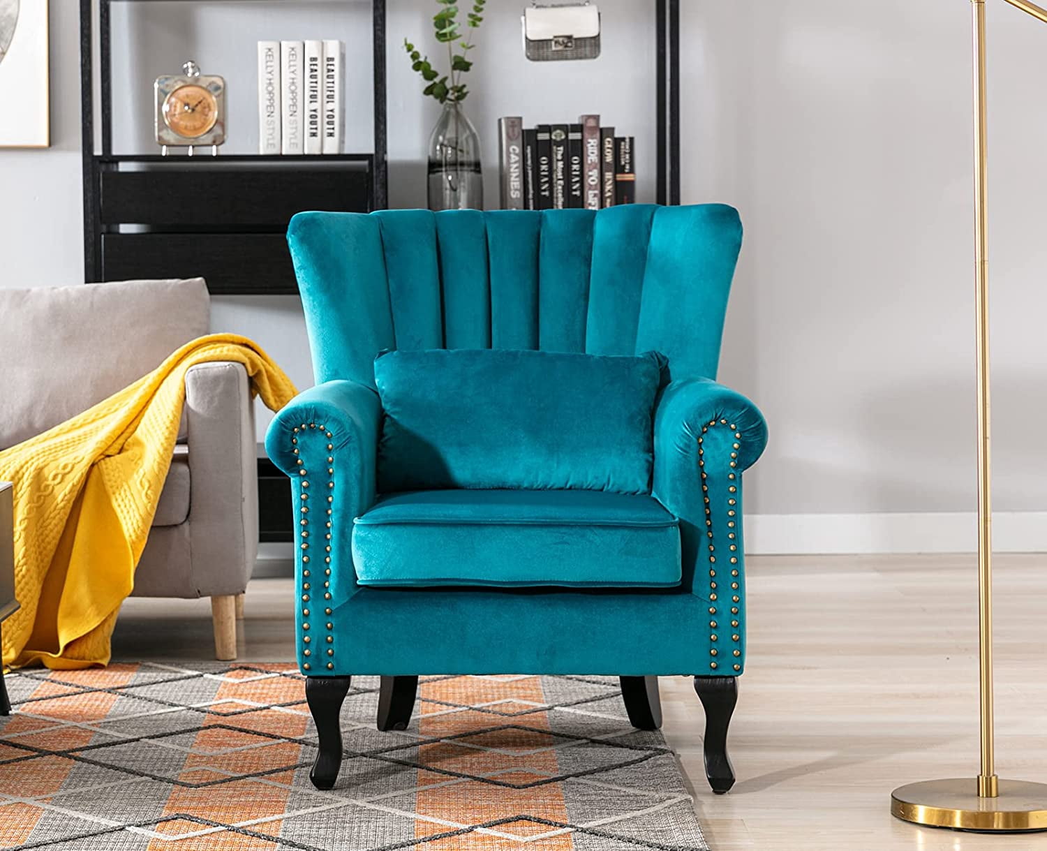 Kmax Teal Blue Accent Chair Velvet Wingback Chair with Pillow Nail-Head ...