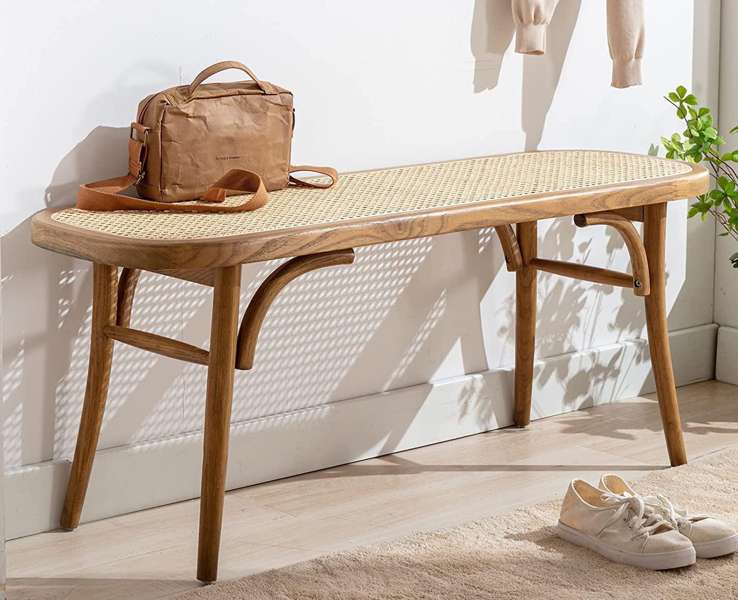 Kmax Upholstered Bench Wicker Rattan Entryway Bench Rustic Solid Wood ...