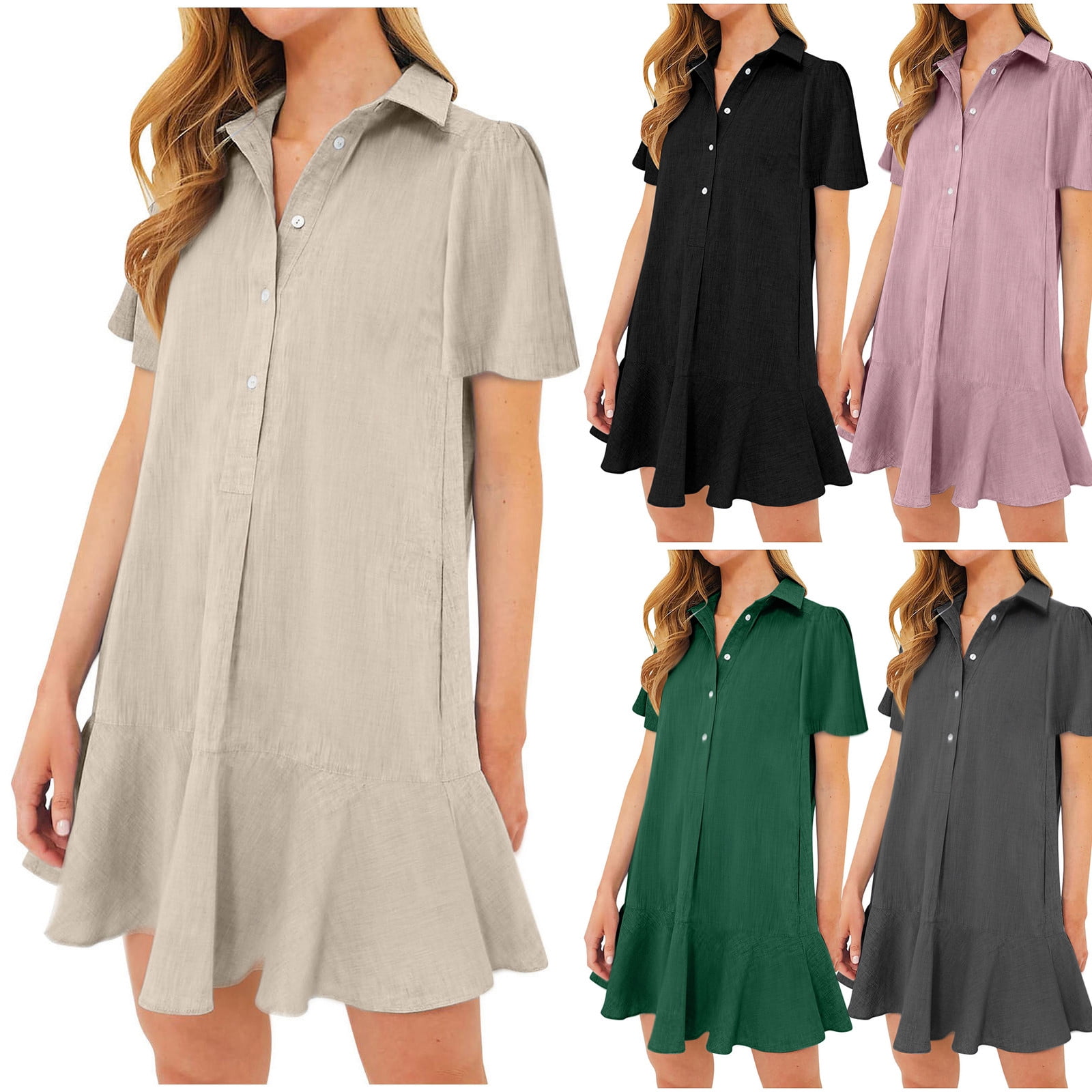 Dresses for Women Summer Solid Color Lapel Short Sleeved Buttoned Open ...