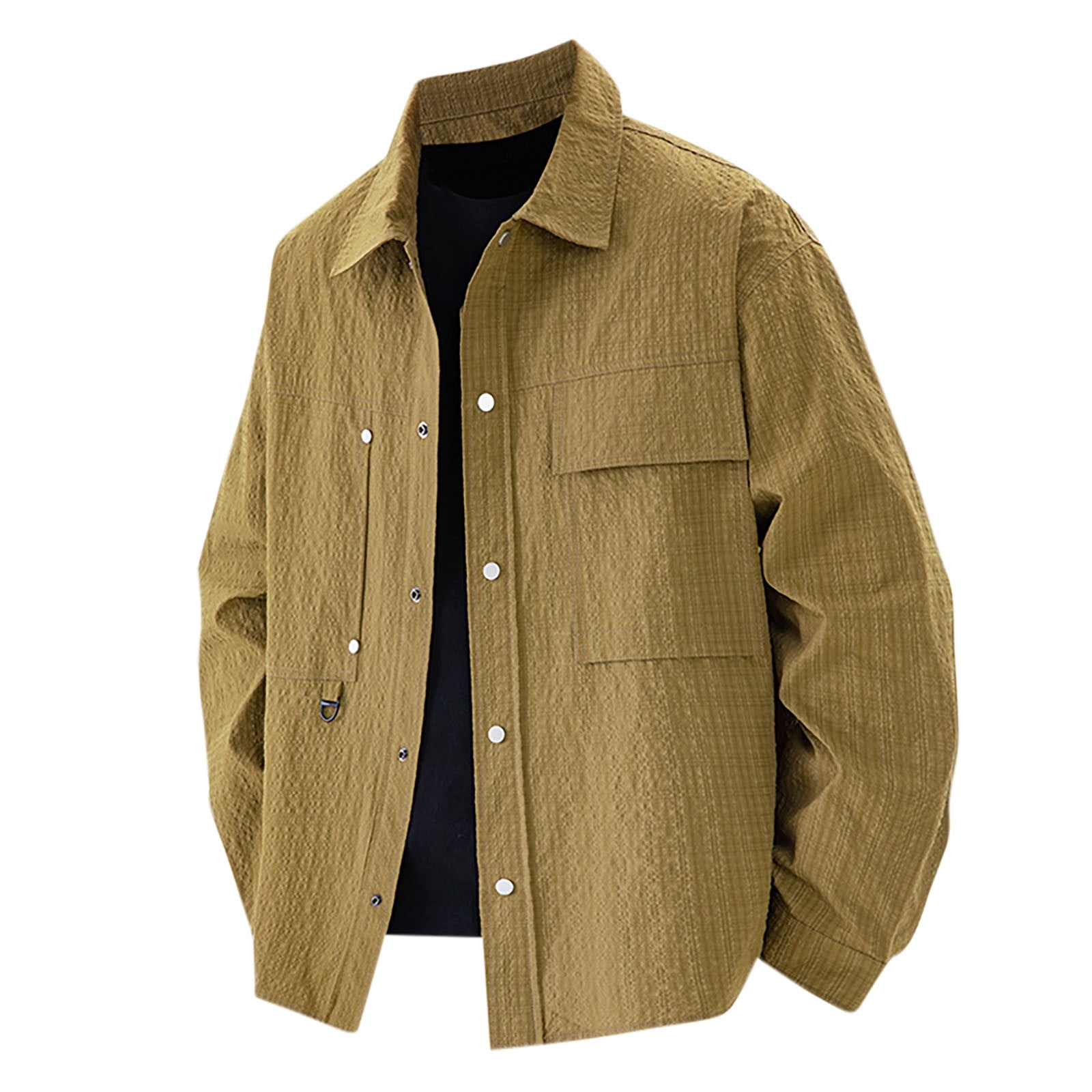 Kmdttou Men's Fashion Thin Solid Color Long Sleeve Collar Button Pocket ...