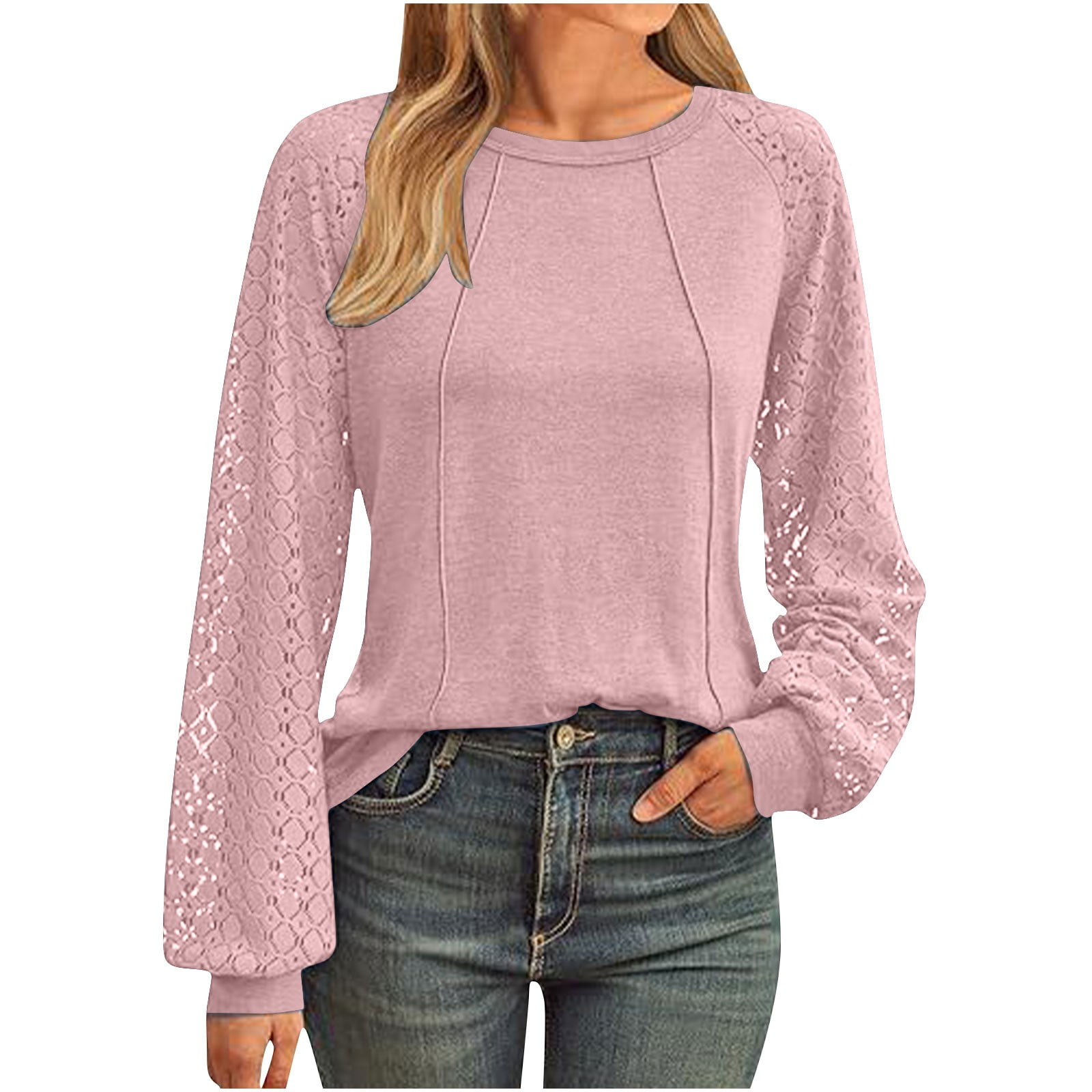 Kmdttou Womens Plus Size Top New Lace Sleeve Round Neck Cover Line