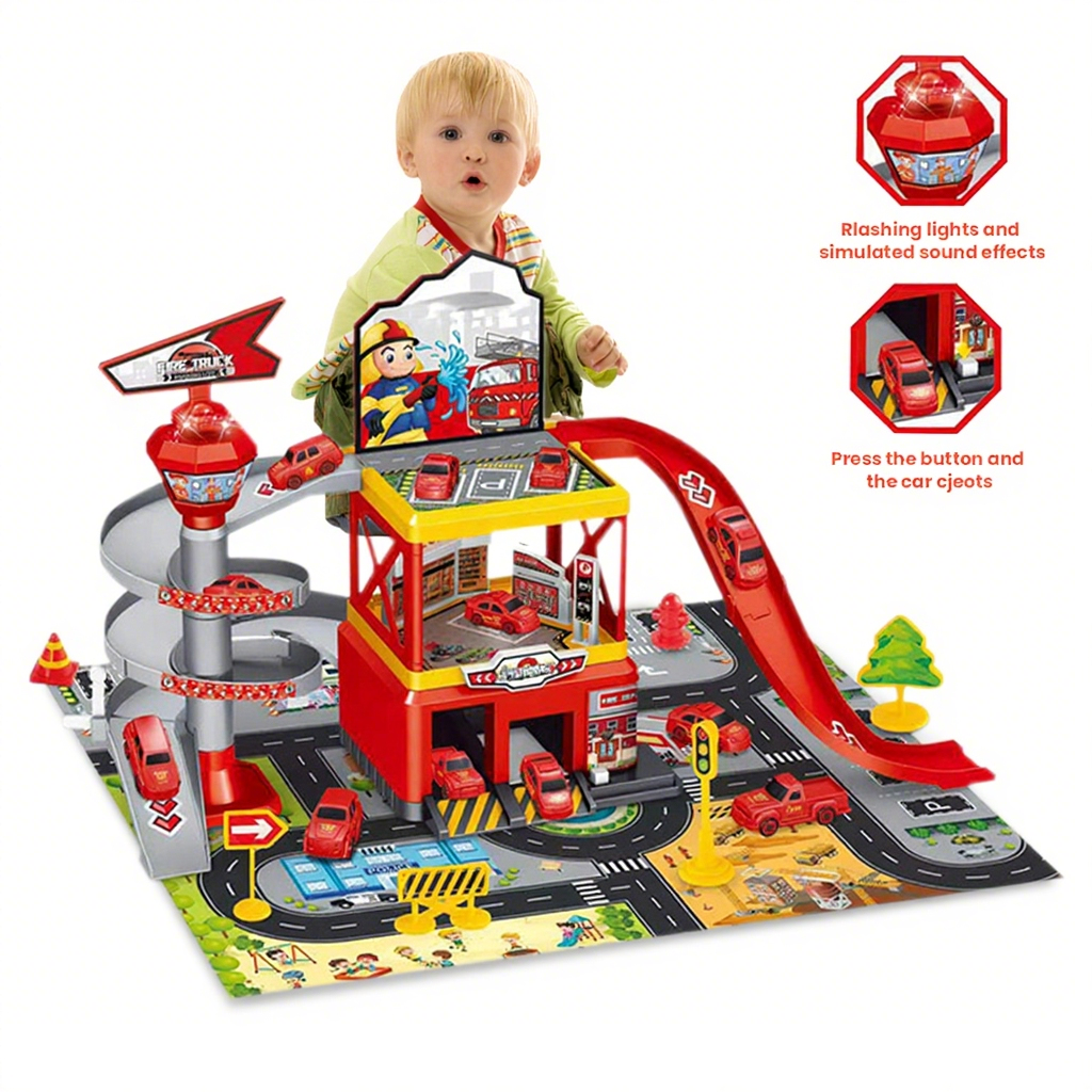 Car Ramp Toy & Parking Garage Playset with Lights,3 Cars for Kids Age 3+ Birthday Gifts(Red ...