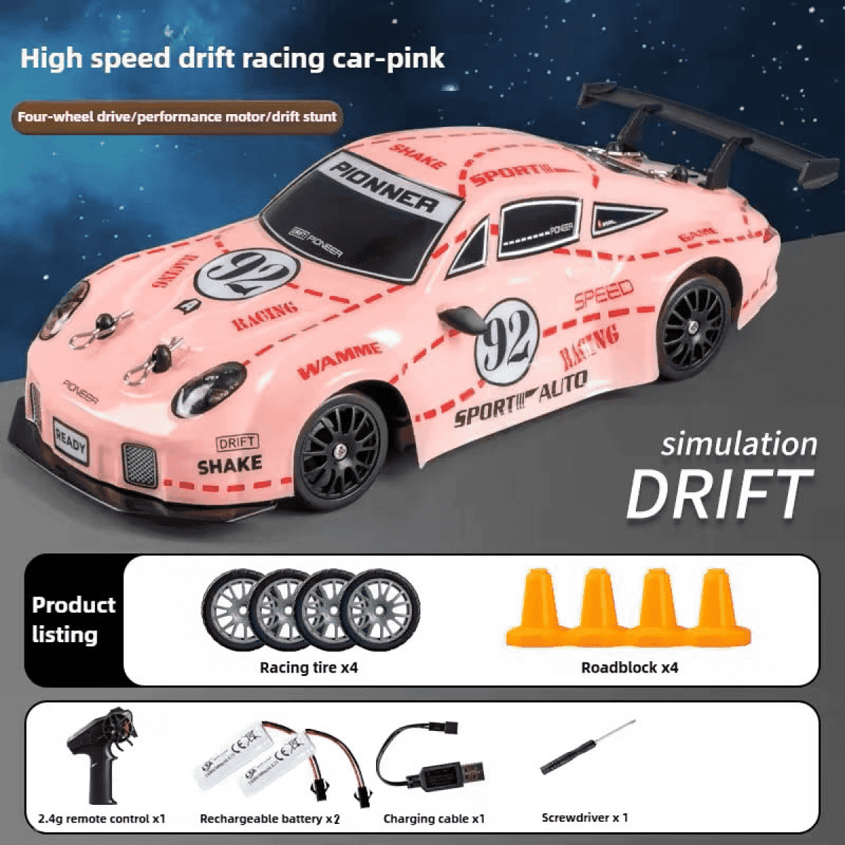 Remote Control Drift Car,4WD RC Race Vehicle with Lights Two Tires Batteries for Kids Gifts(Red ...