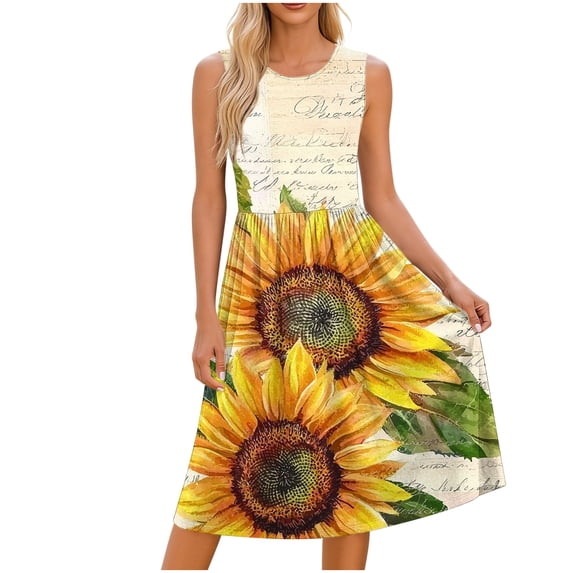 Kmonabie Women A-Line Sleeveless Round Neck Sundress Floral Boho Casual ...