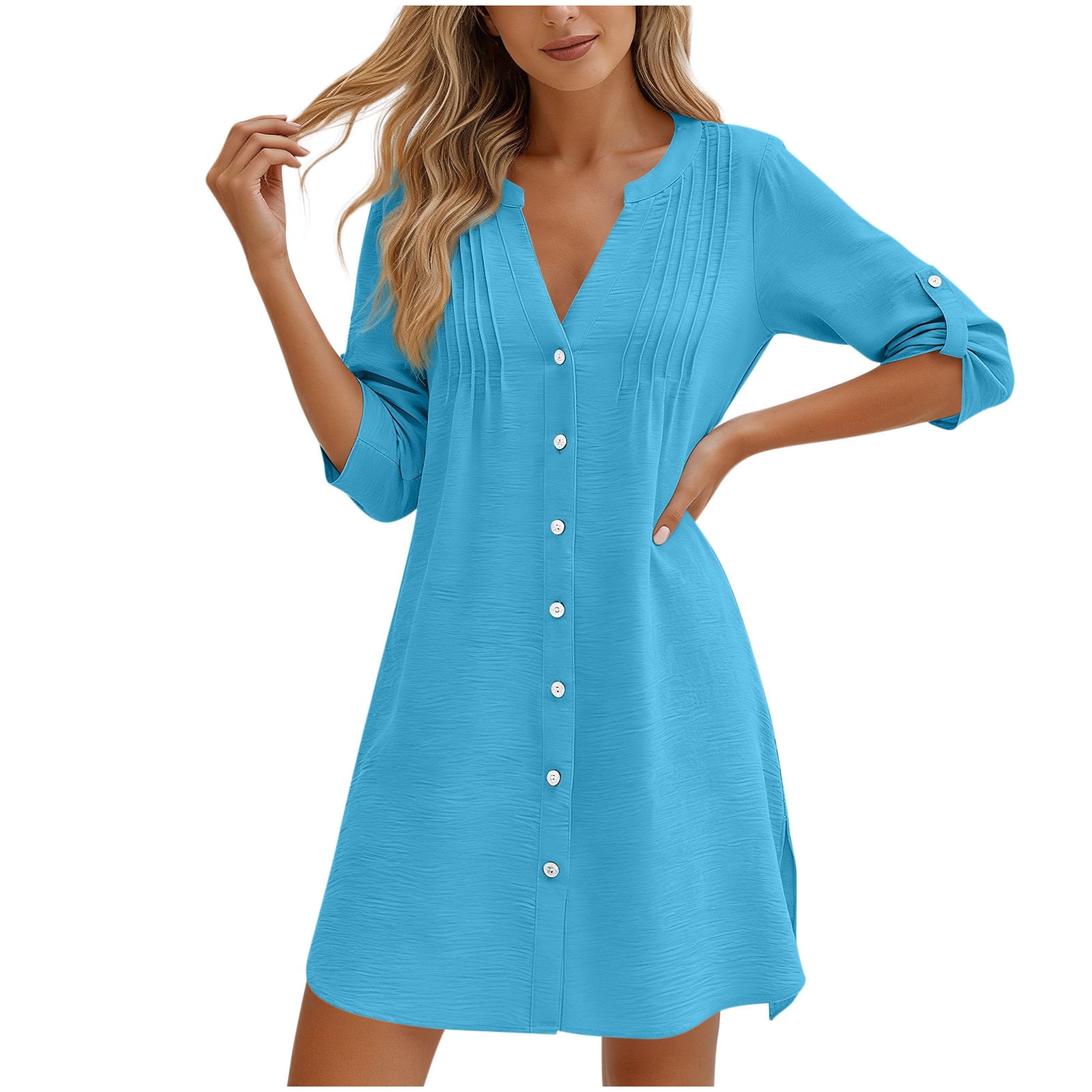 Kmonabie Women Button Front 3/4 Sleeve V Neck Shirt Dress Casual Loose ...