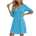 Kmonabie Women Button Front 3/4 Sleeve V Neck Shirt Dress Casual Loose ...
