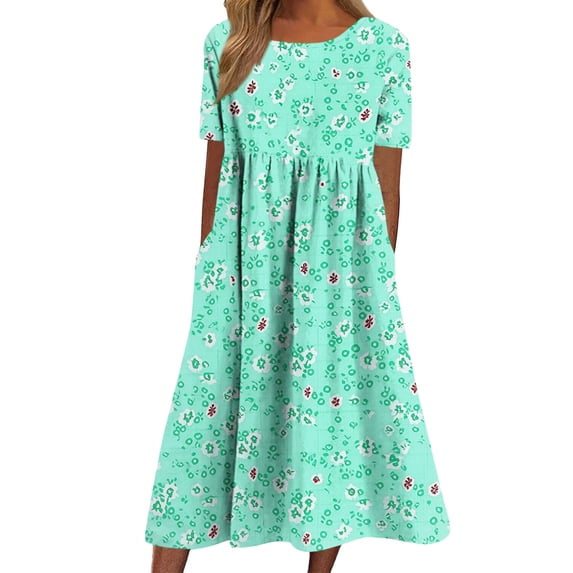 Kmonabie Women Summer Dresses Short Sleeve Round Neck Floral A-Line ...