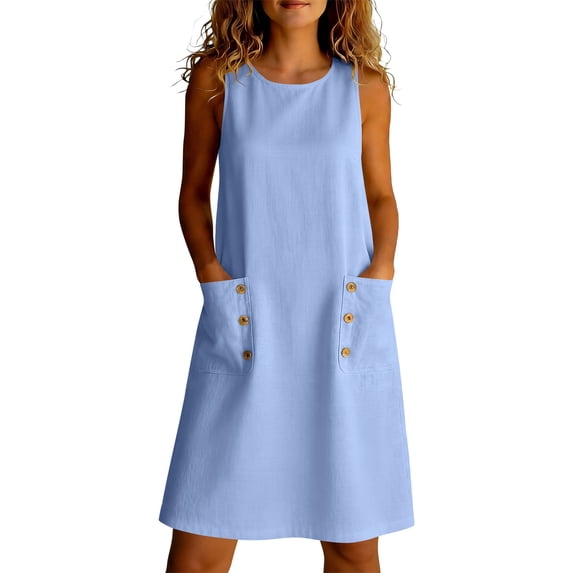 Kmonabie Women's Linen Button Down Dress A-Line Sleeveless Crew Neck ...