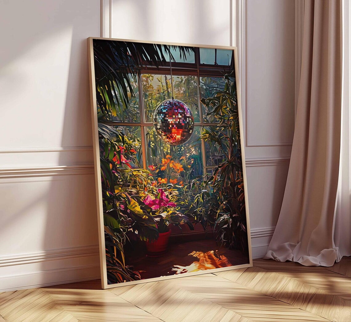 Kna Prints - 1 Pc Poster 1970'S Interior Disco Ball Greenhouse Art Print, Tropical Decor, Disco ...