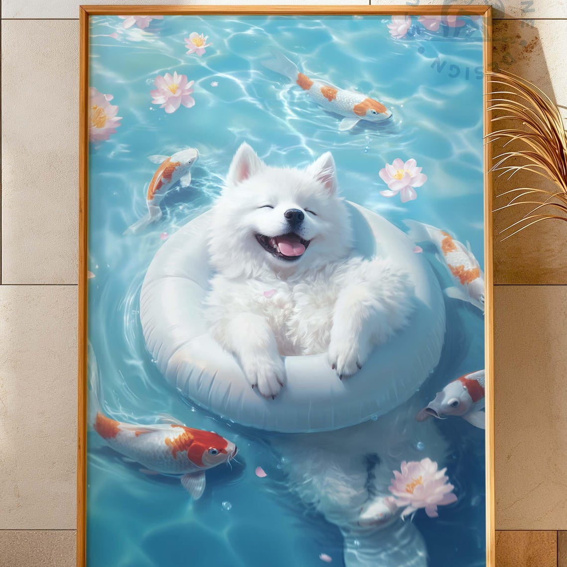 Kna Prints - 1 Pc Poster Anime Samoyed Dog With Koi Fish & Cherry ...
