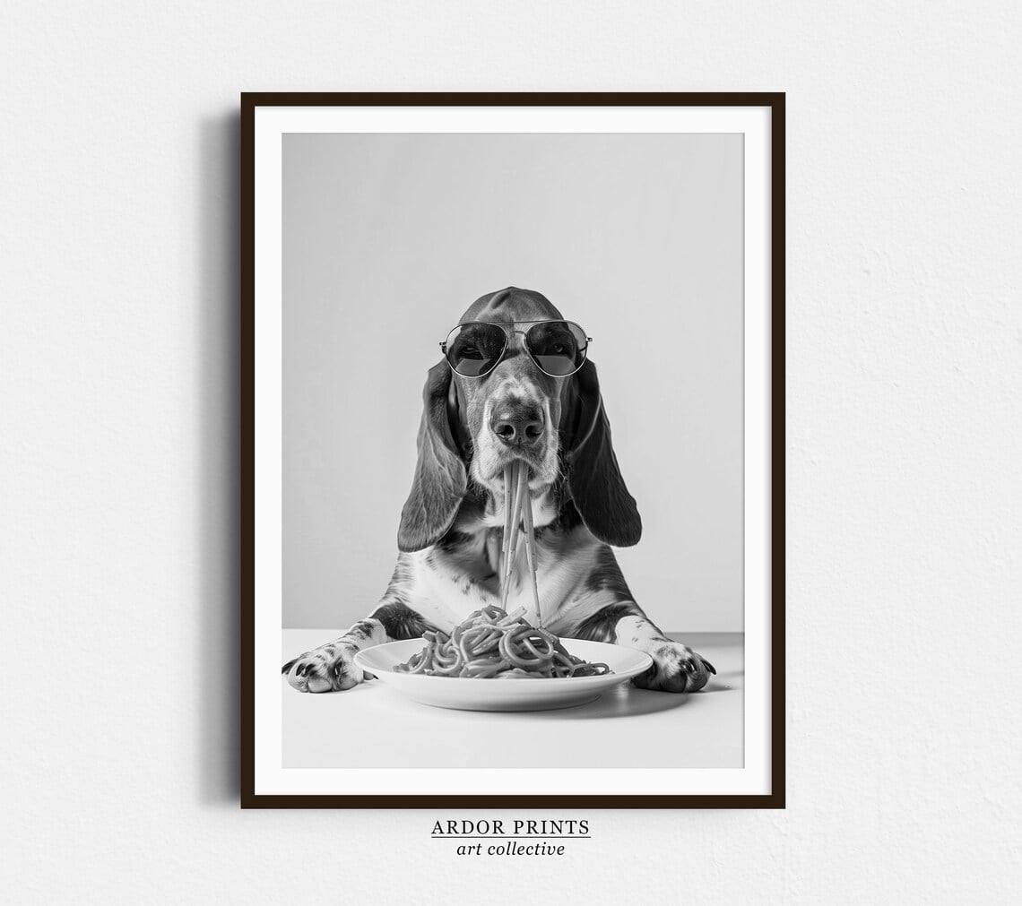 Kna Prints - 1 Pc Poster Basset Hod Eating Pasta Wall Art, Spaghetti ...