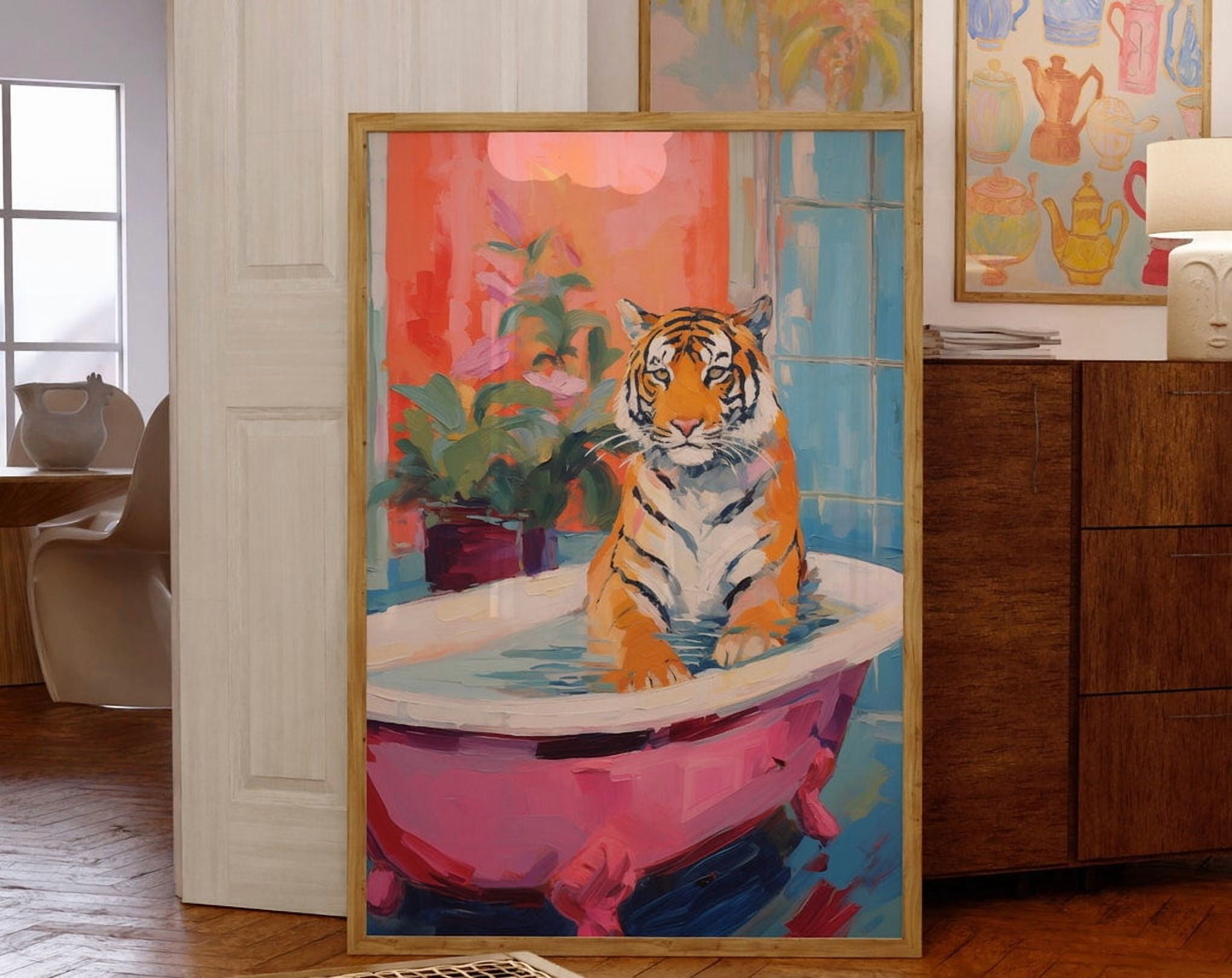Kna Prints - 1 Pc Poster Bathroom Wall Art, Tiger , Maximalist Dopamine Decor, Pink Kitsch ...