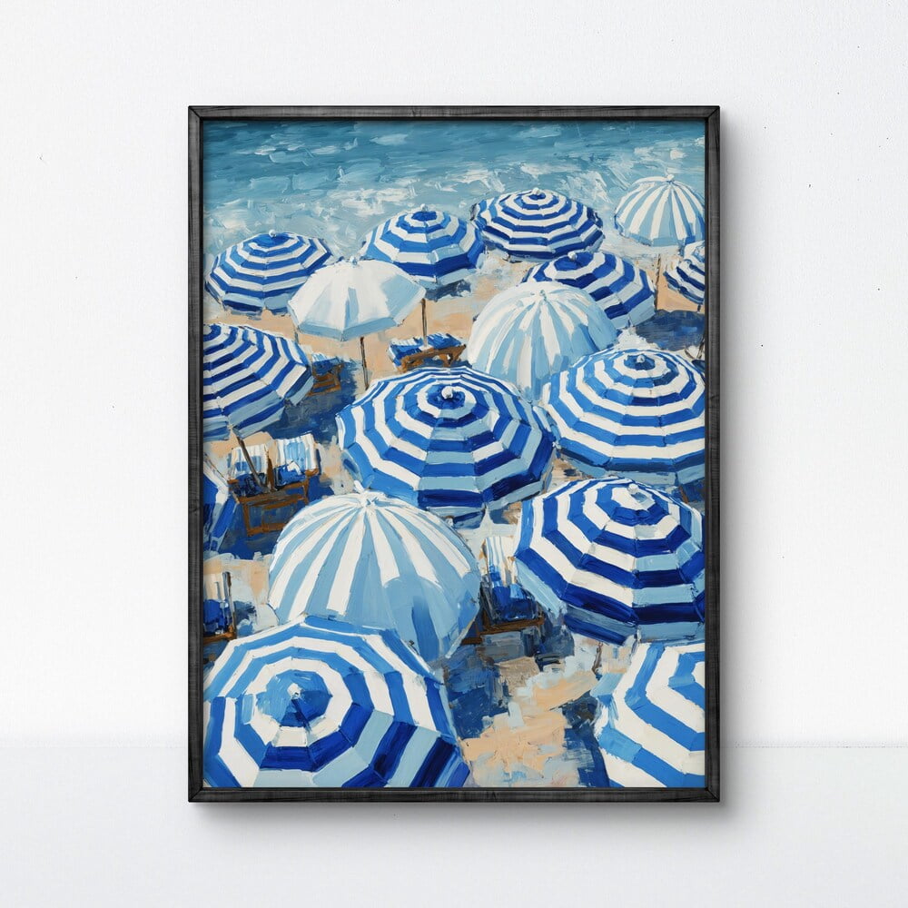 Kna Prints - 1 Pc Poster Beach Umbrella, Blue Stripe Poster, Coastal Wall Art, Painterly Print ...