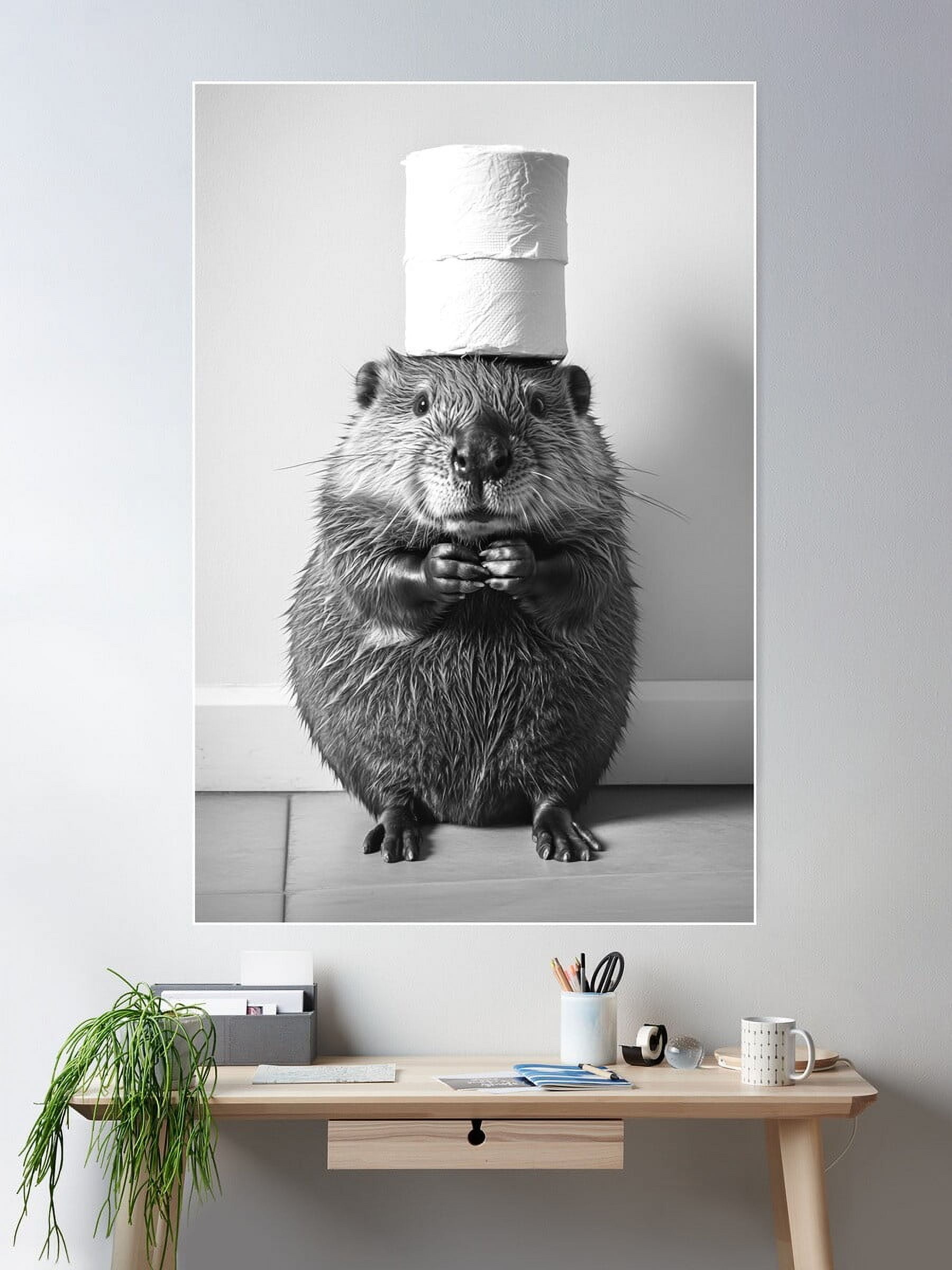 Kna Prints - 1 Pc Poster Beaver In Bathroom With Toilet Paper On Head ...