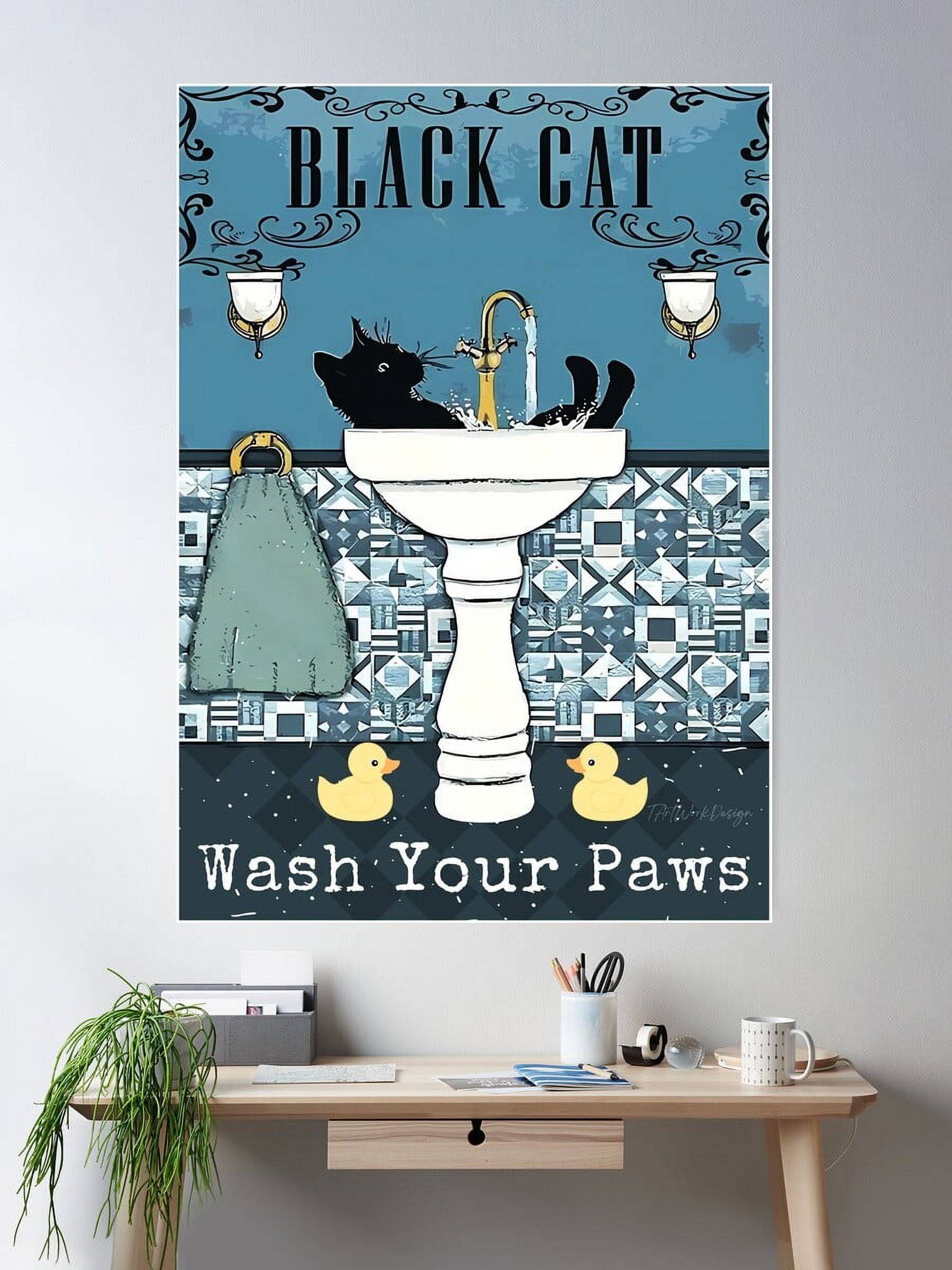 Kna Prints - 1 Pc Poster Black Cat Washing Its Paws Fny Art In The ...