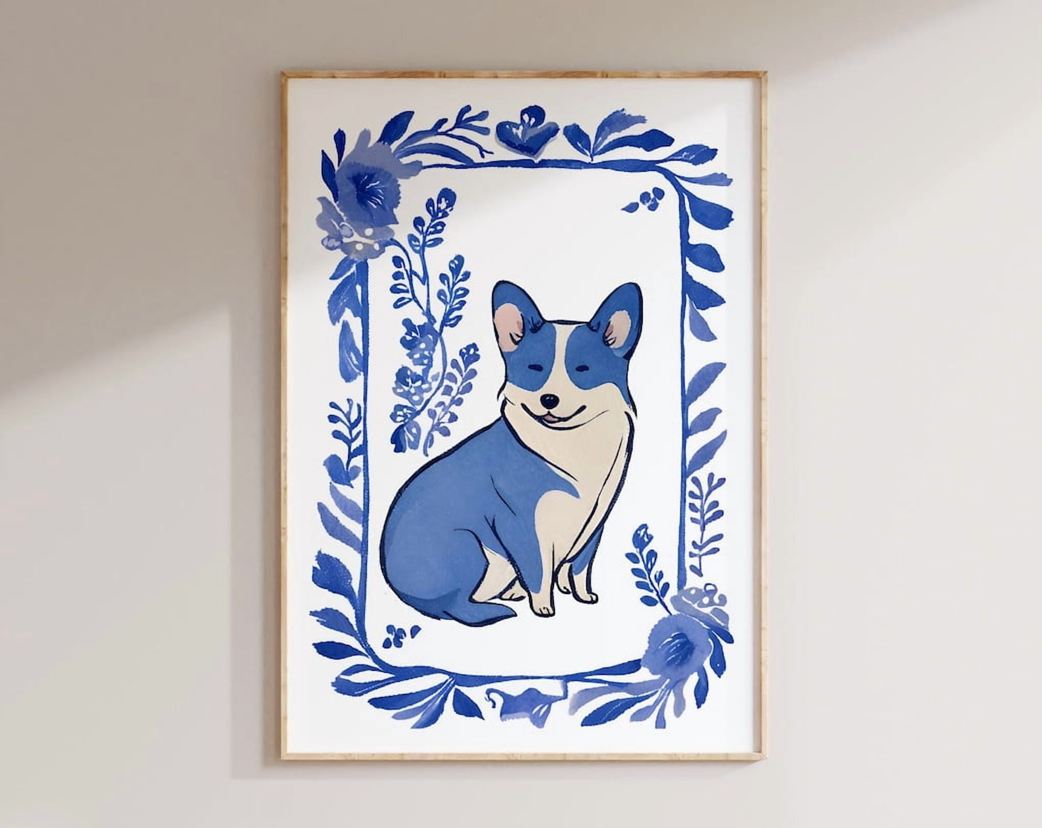 Kna Prints - 1 Pc Poster Blue Willow Corgi Print Dog Drawing Dog ...