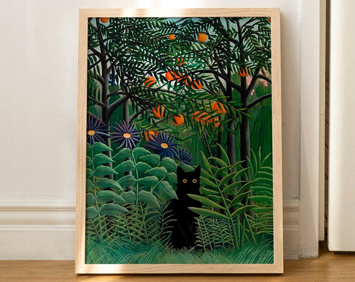 Kna Prints - 1 Pc Poster Cat Print Rousseau Wall Art Black Cat Floral ...