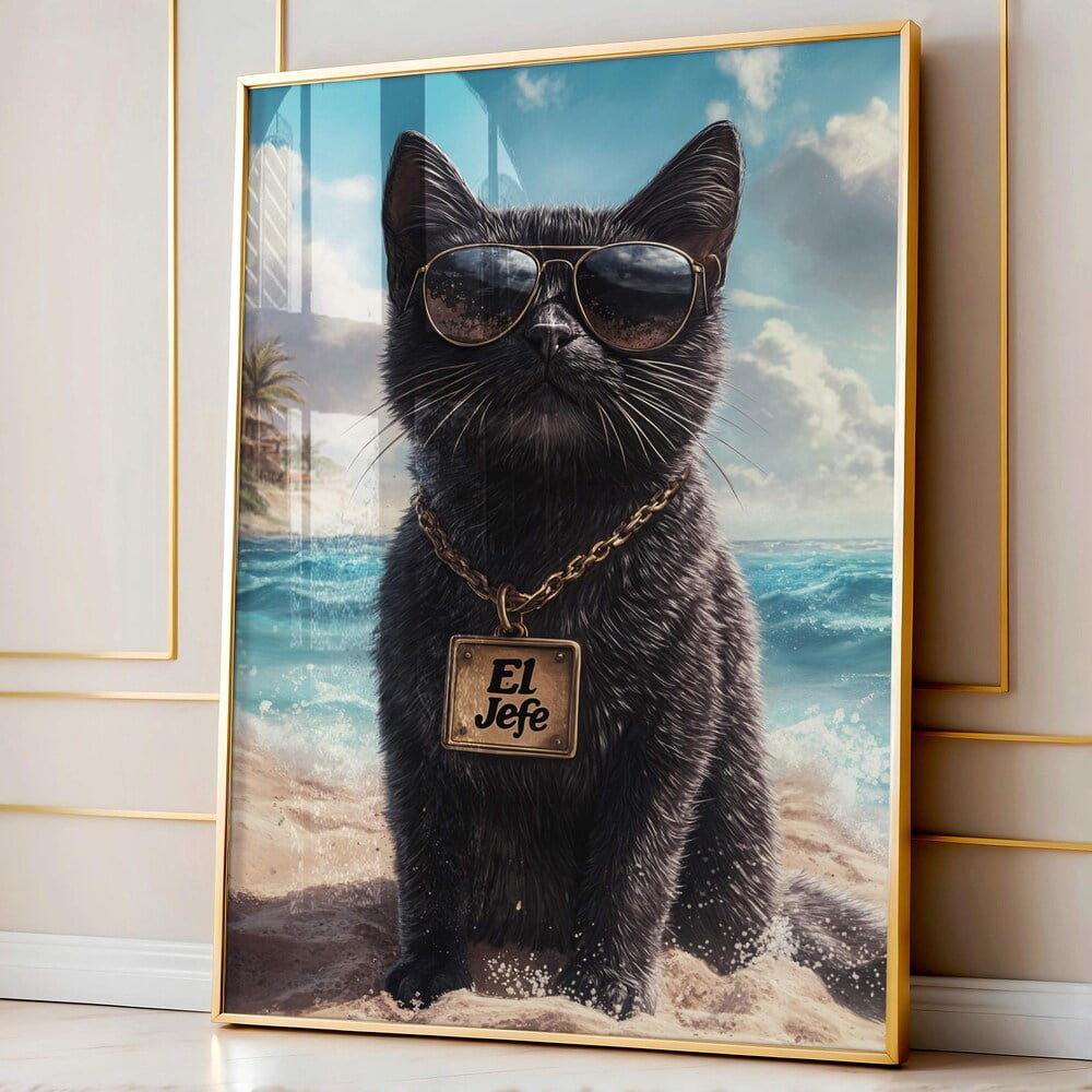 Kna Prints - 1 Pc Poster Coastal Beach Wall Art, Black Cat "El Jefe ...