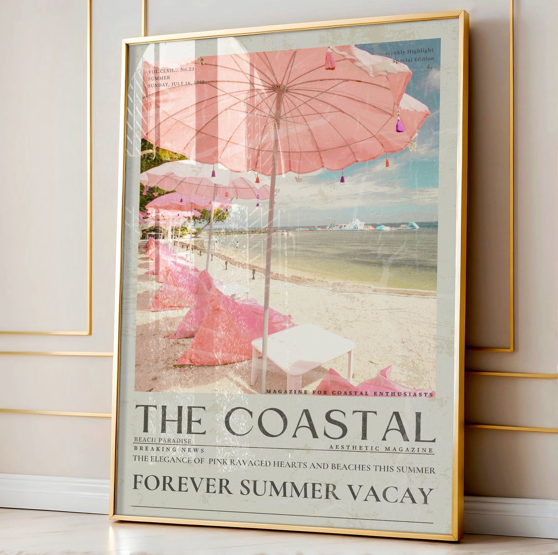 Kna Prints - 1 Pc Poster Coastal Newspaper Print, Pink Coastal Beach ...