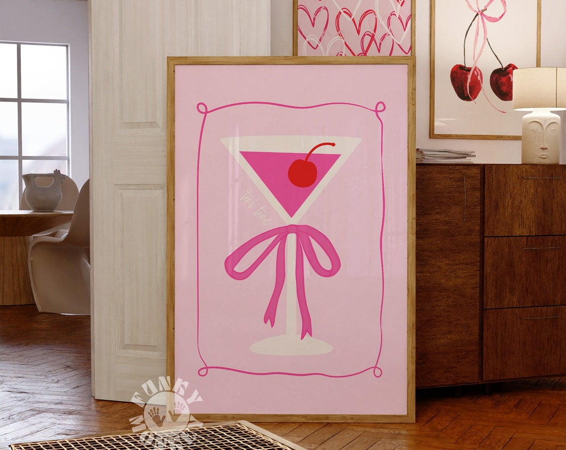 Kna Prints - 1 Pc Poster Cocktail Print, Girly Pink Martini Drink, Coquette Aesthetic Pink Bow ...