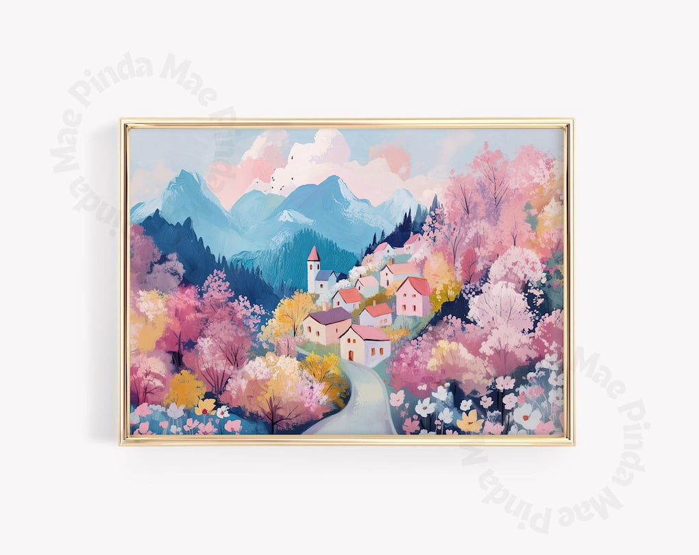 Kna Prints - 1 Pc Poster Colorful Spring Village With Flowers, Pastel ...