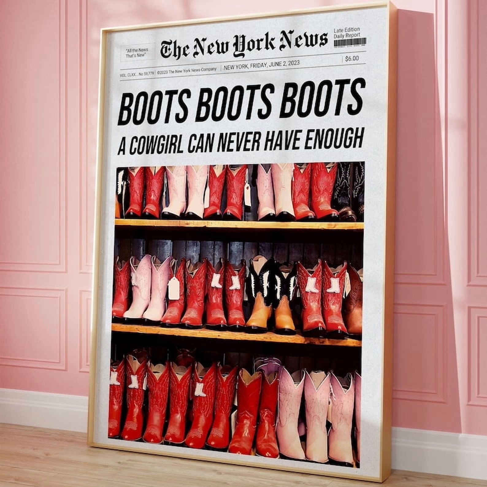 Kna Prints - 1 Pc Poster Cowgirl Boot Wall Art, Newspaper Print Wall ...