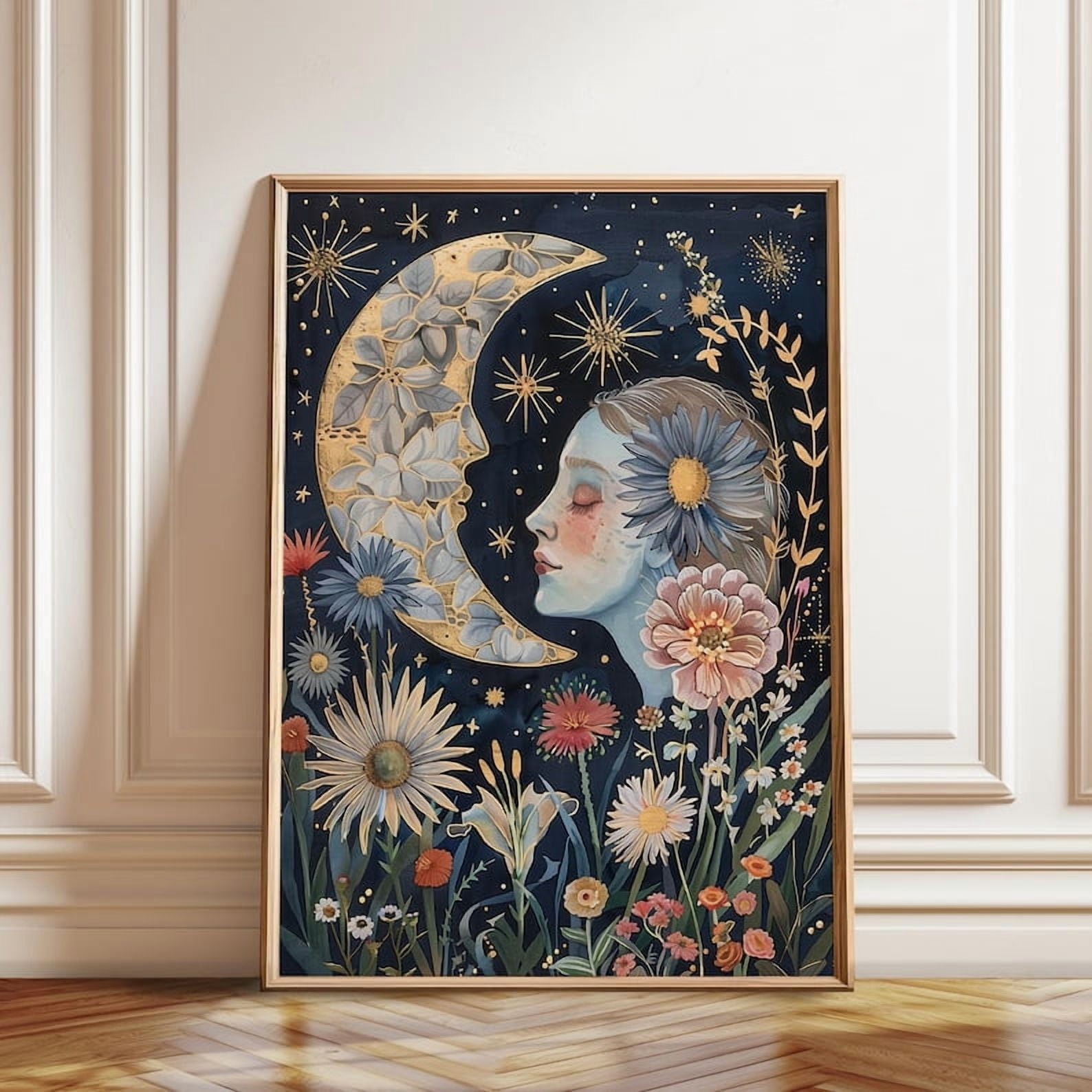 Kna Prints - 1 Pc Poster Crescent Moon And Flowers Wall Art Mystical ...