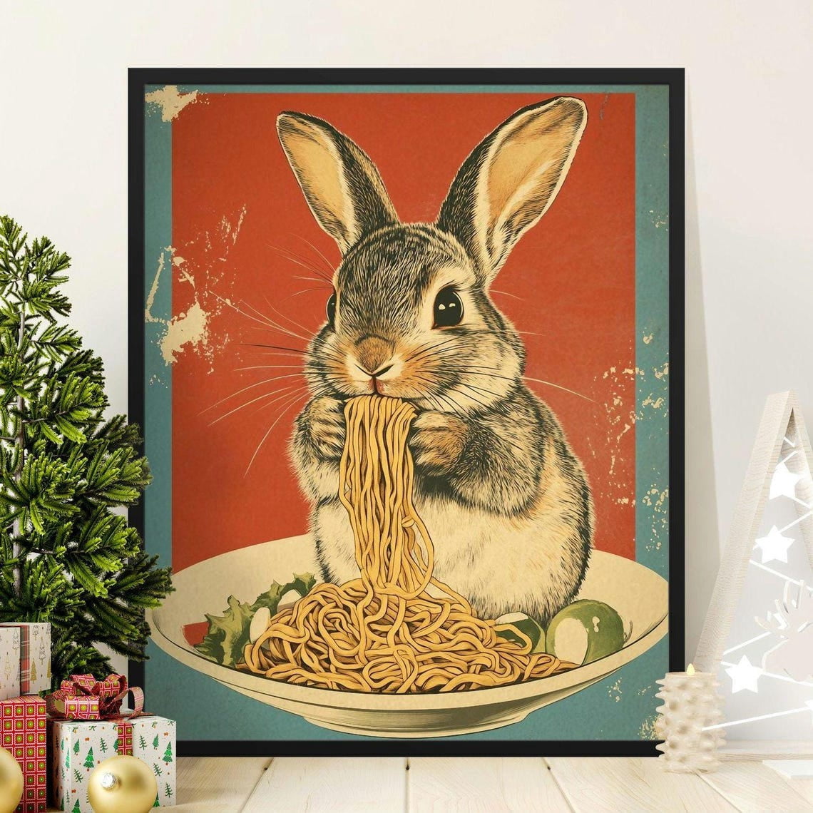 Kna Prints - 1 Pc Poster Cute Bny Eating Noodles , Fny Animal Wall Art ...