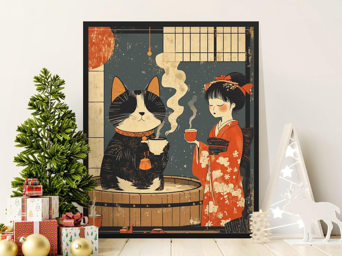 Kna Prints - 1 Pc Poster Cute Cat And Geisha , Japanese Tea Ceremony ...