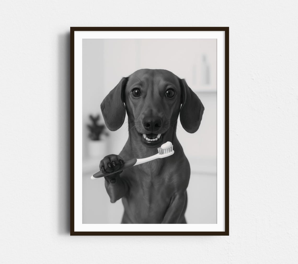 Kna Prints - 1 Pc Poster Dachshd Bathroom Print, Dog Brushing Teeth ...