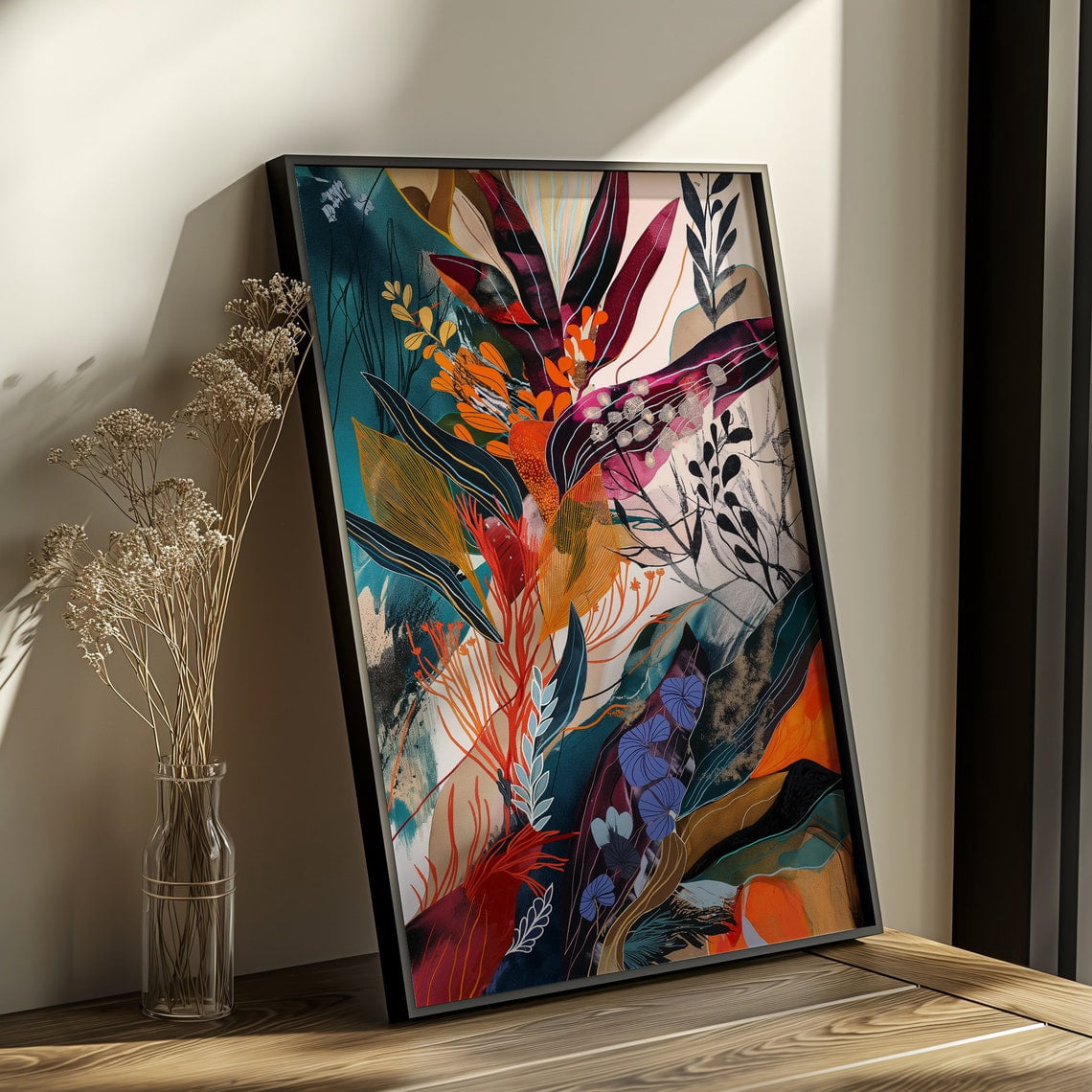 Kna Prints - 1 Pc Poster Expressive Teal & Orange Floral Illustration ...