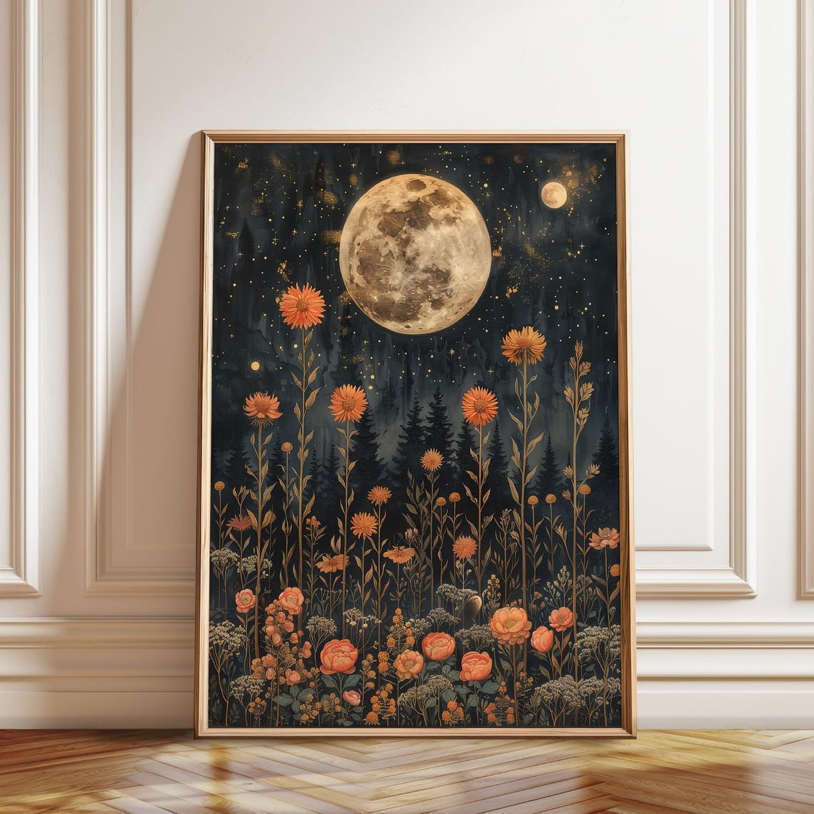 Kna Prints - 1 Pc Poster Floral And Moon Wall Art Nightime Moonlit ...