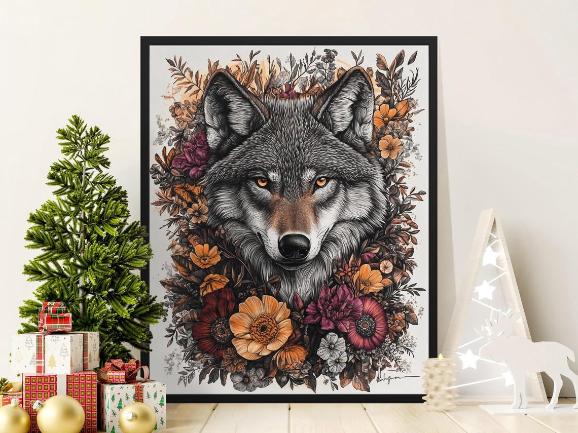 Kna Prints - 1 Pc Poster Floral Wolf , Detailed Animal Art Print ...