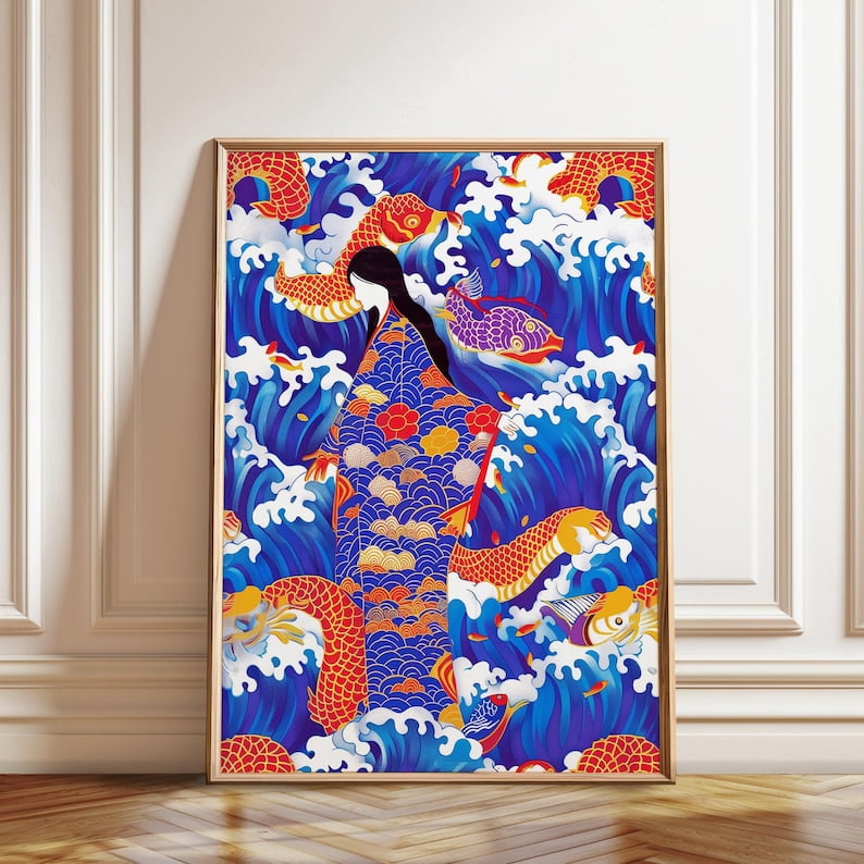 Kna Prints - 1 Pc Poster Geisha & Koi Waves Art Print Japanese Joi Fish ...
