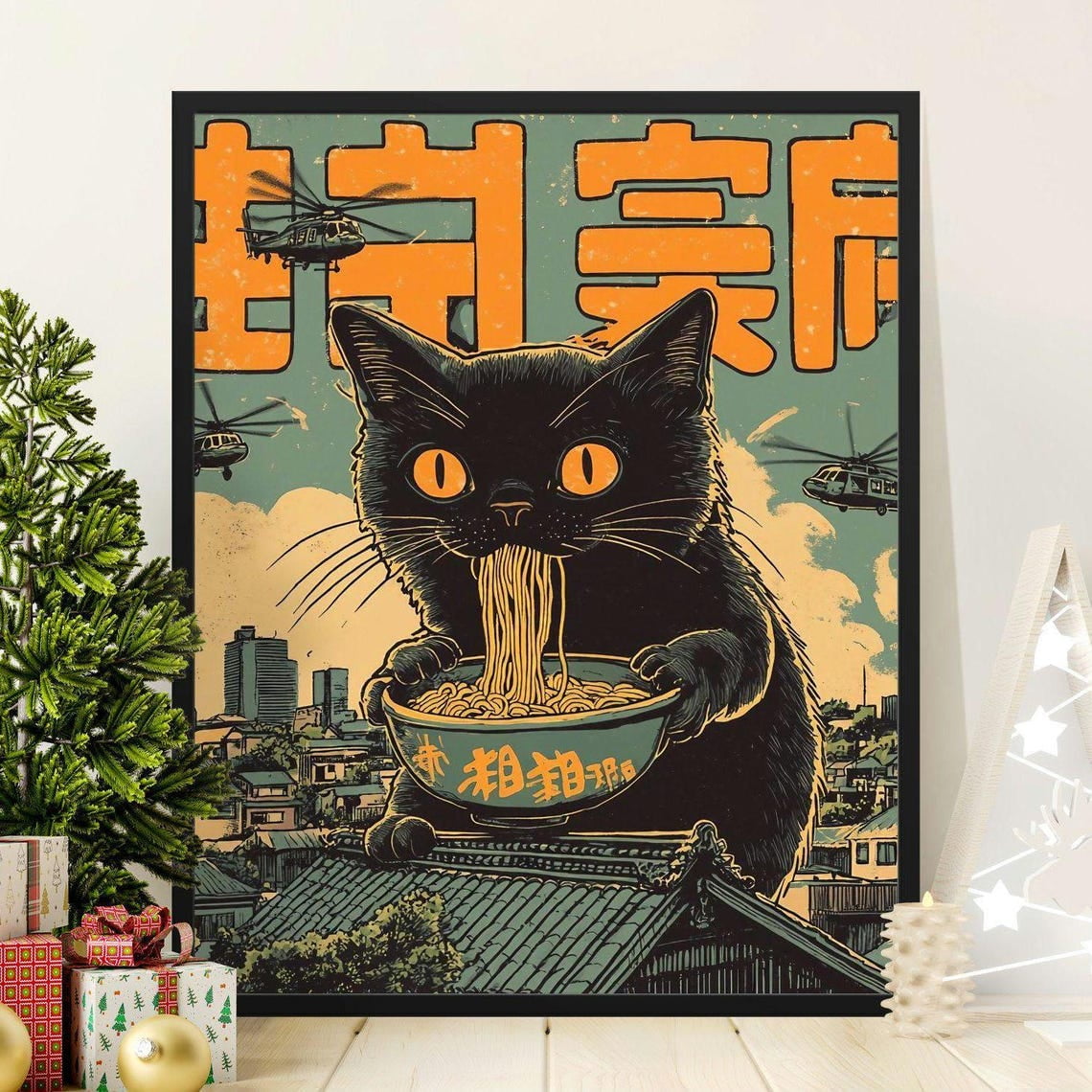 Kna Prints - 1 Pc Poster Giant Cat Enjoying Ramen Wall Art, Ique F ...