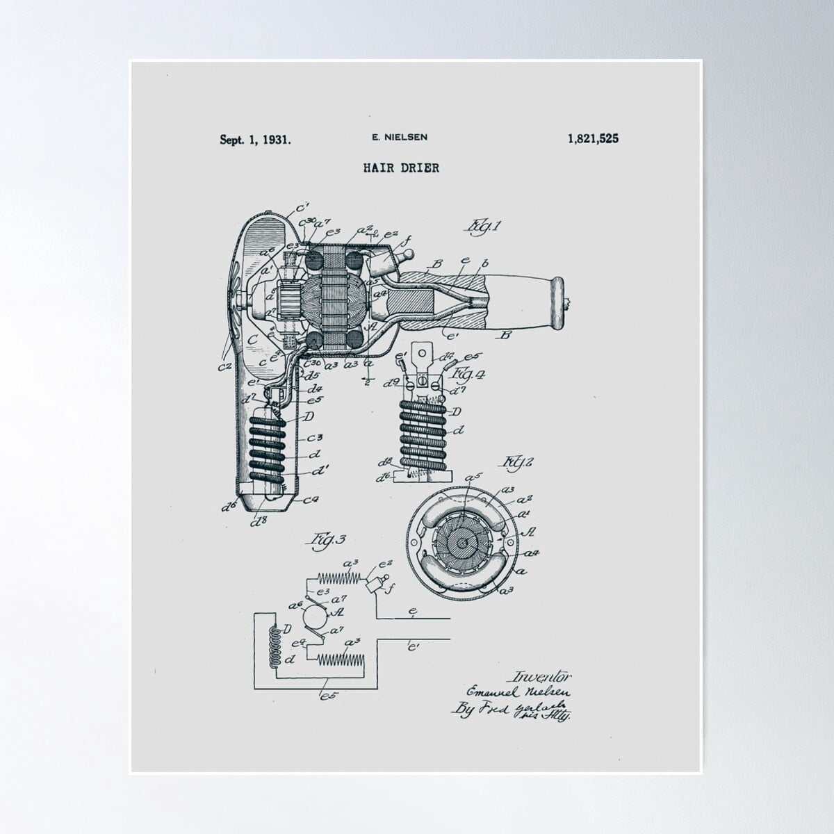 Kna Prints - 1 Pc Poster Hair Drier Patent 1931, UNFRAMED-12x18 ...
