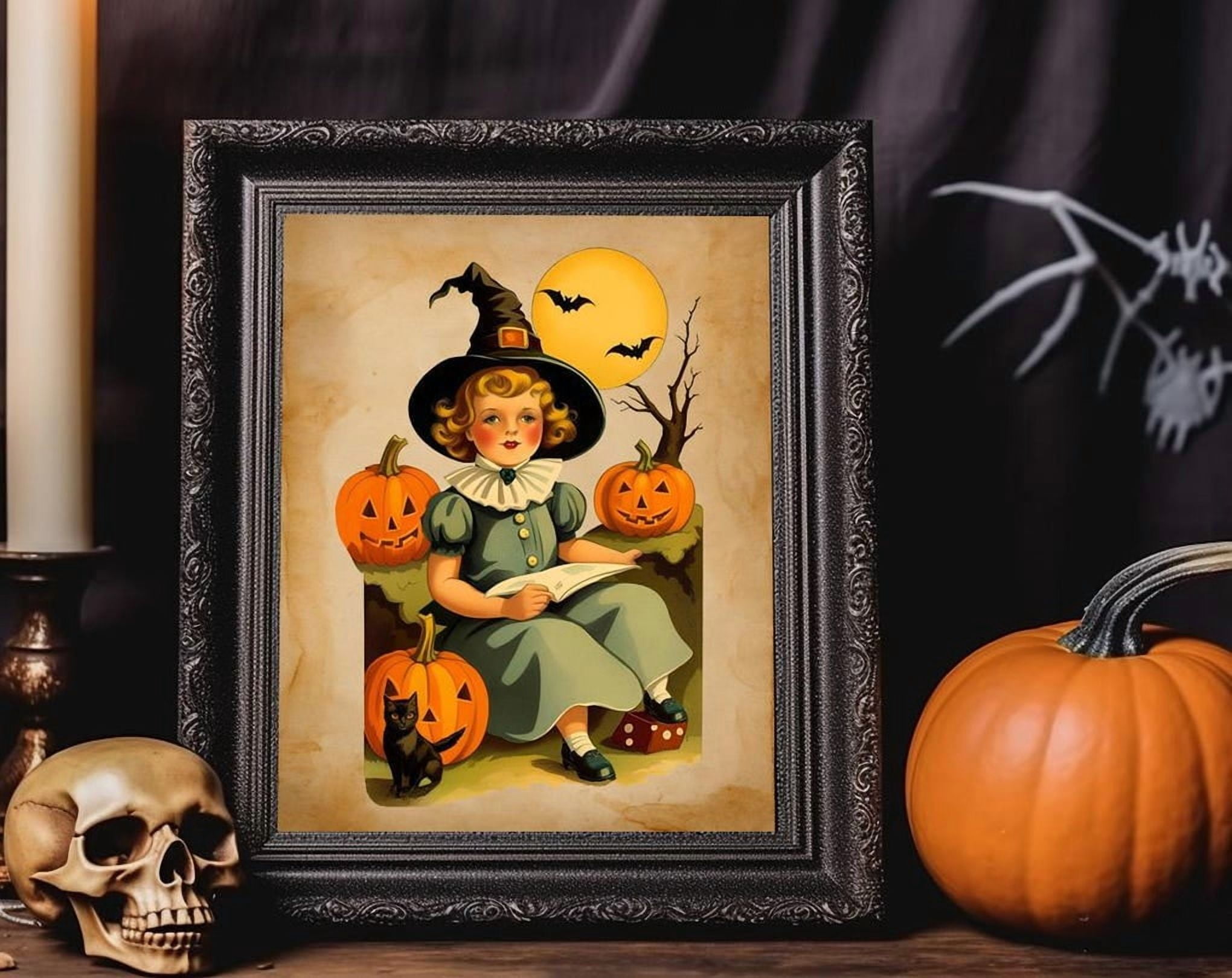 Kna Prints - 1 Pc Poster Halloween Vintage Teenage Witch With Black Cat And Pumpkins Reading In ...