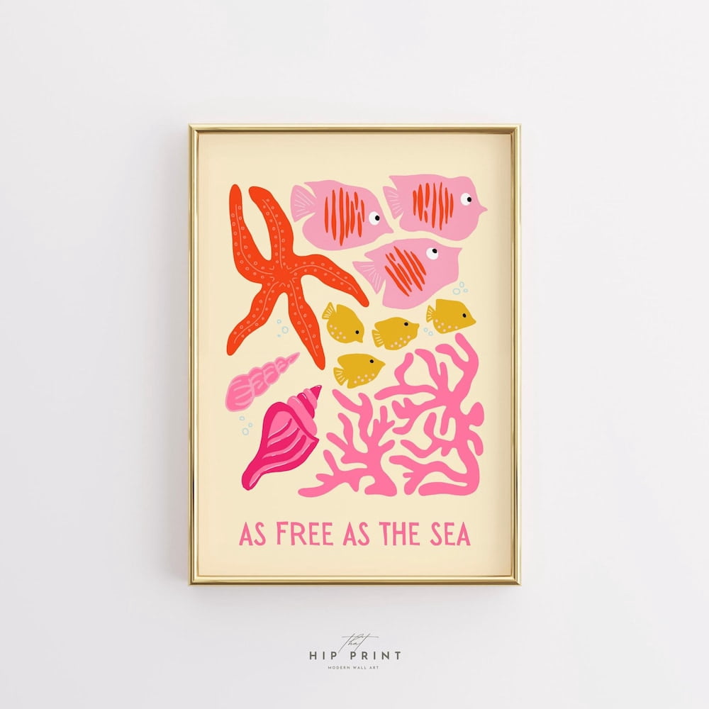 Kna Prints - 1 Pc Poster Handmade Sea Print, Coastal Wall Art With Pink ...