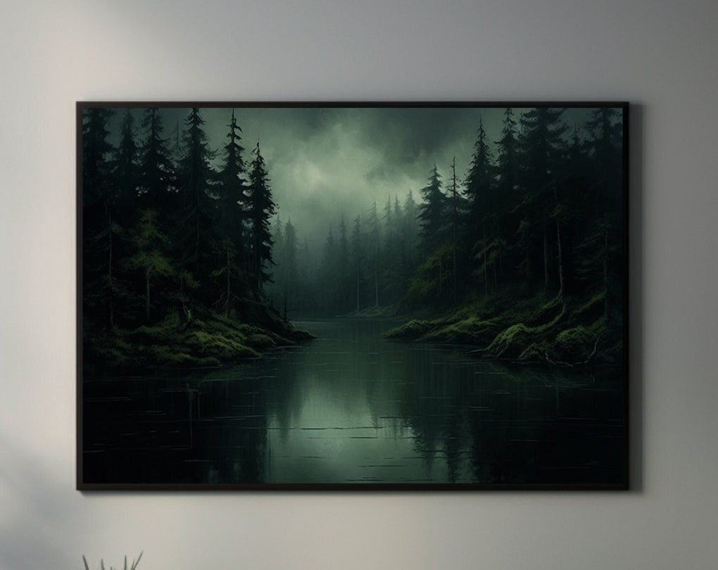 Kna Prints - 1 Pc Poster Hidden Lake Painting Moss Green Dark Forest ...