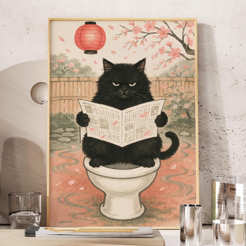 Kna Prints - 1 Pc Poster Japanese Black Cat On Toilet Print, Funny ...