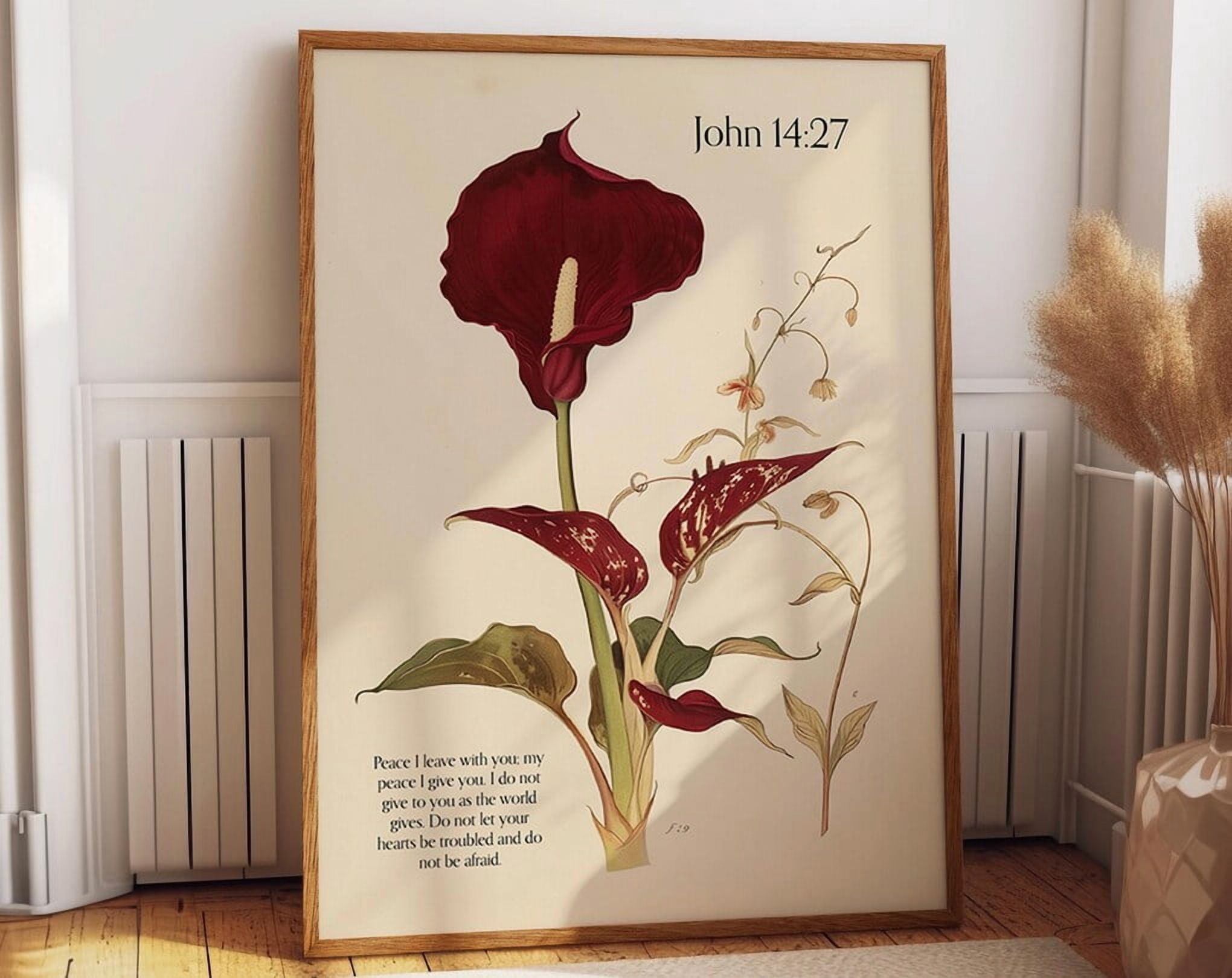 Kna Prints - 1 Pc Poster John 14:27 Bible Verse Wall Art Red Botanical ...