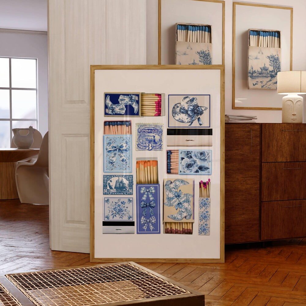 Kna Prints - 1 Pc Poster Matchbox Collage Poster With Blue Chinoiserie ...