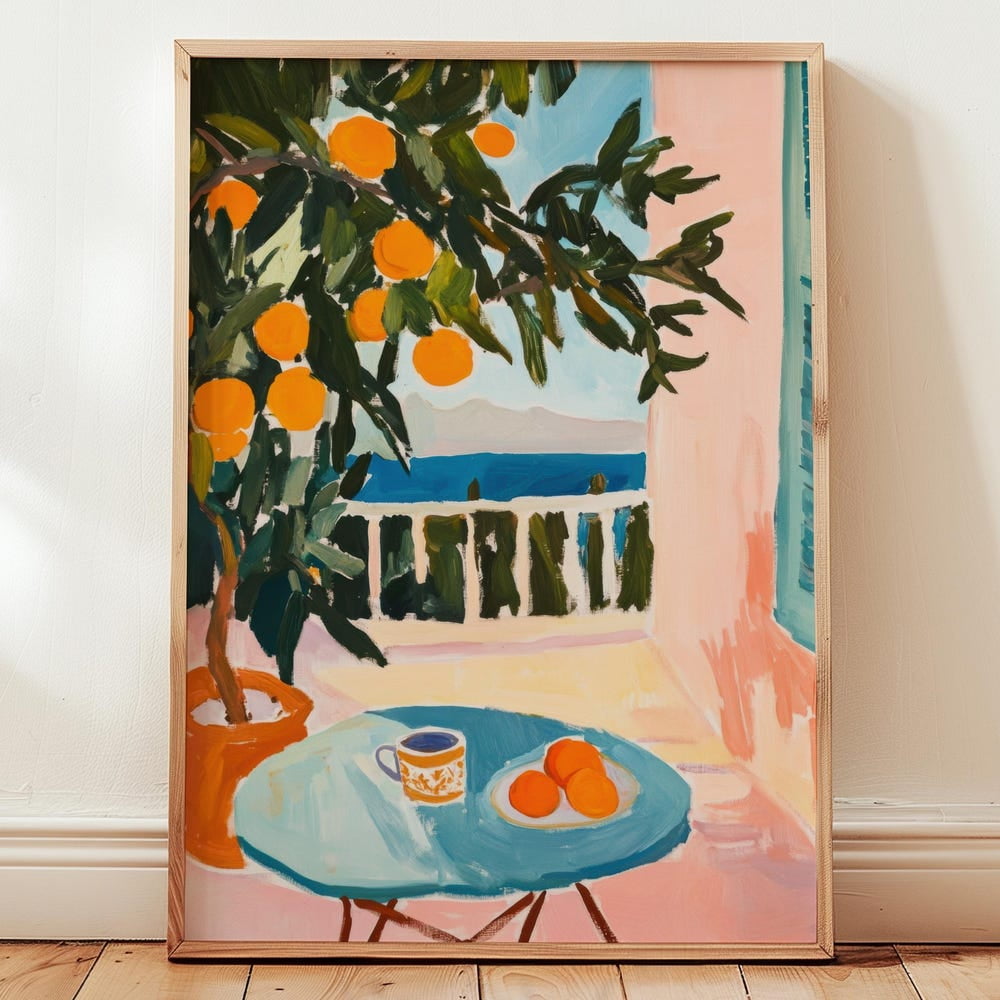 Kna Prints - 1 Pc Poster Mediterranean Orange Tree Poster | Warm Tones Vibrant Coastal Terrace ...