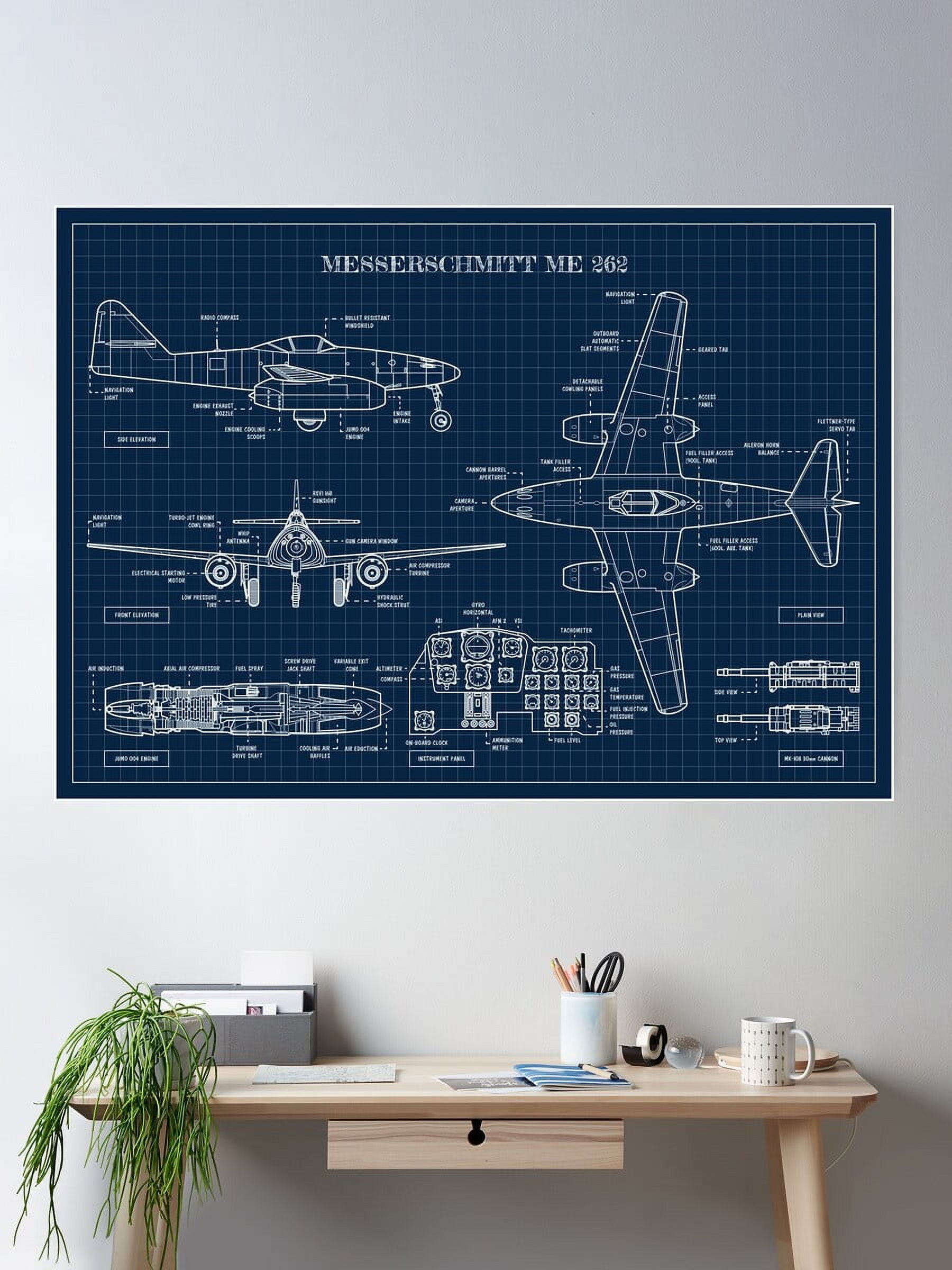 Kna Prints - 1 Pc Poster Messerschmitt Me 262 (Navy Blueprint ...