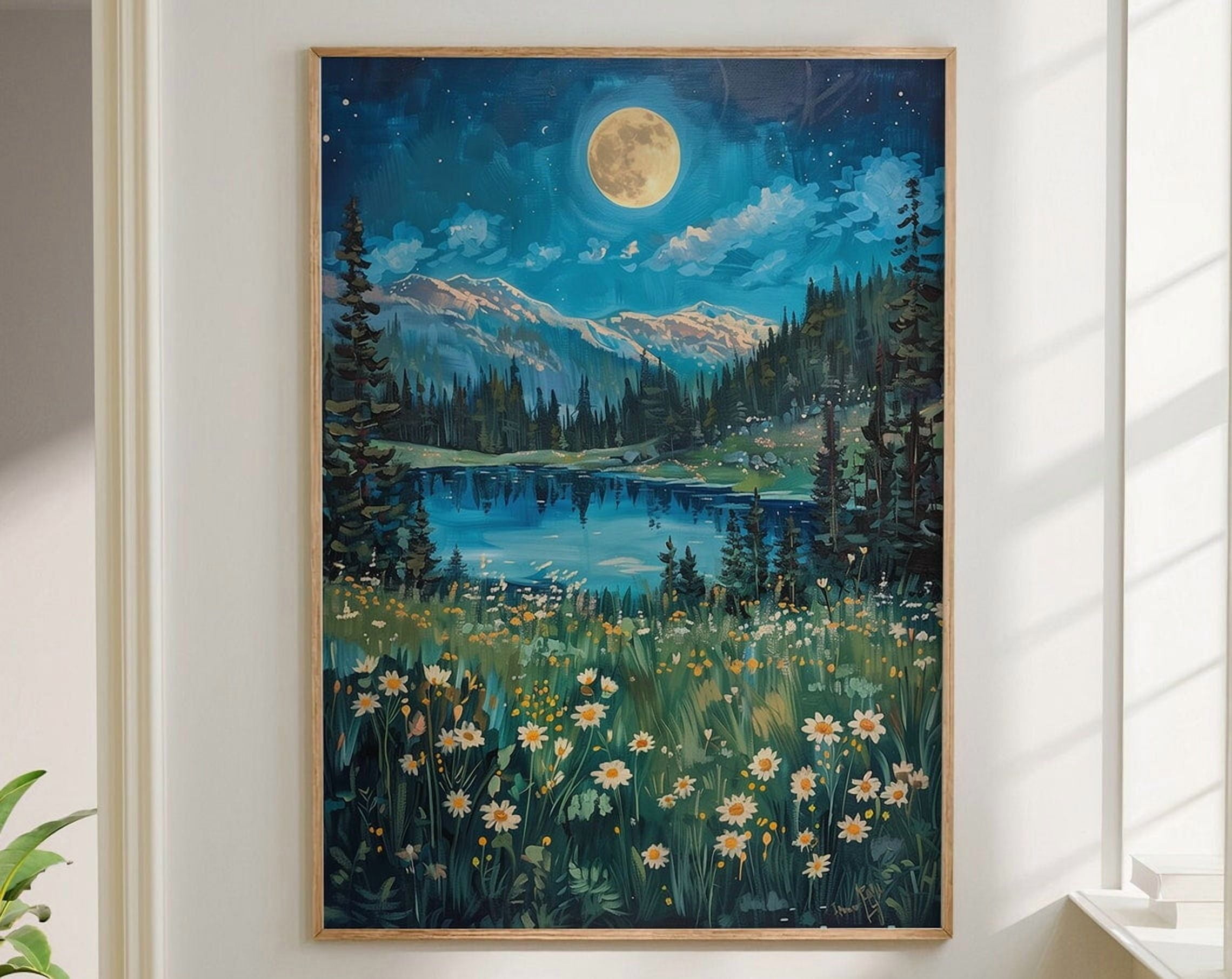 Kna Prints - 1 Pc Poster Moon With Wildflower Field Meadow Print, Floral Flower Botanical, Dark ...