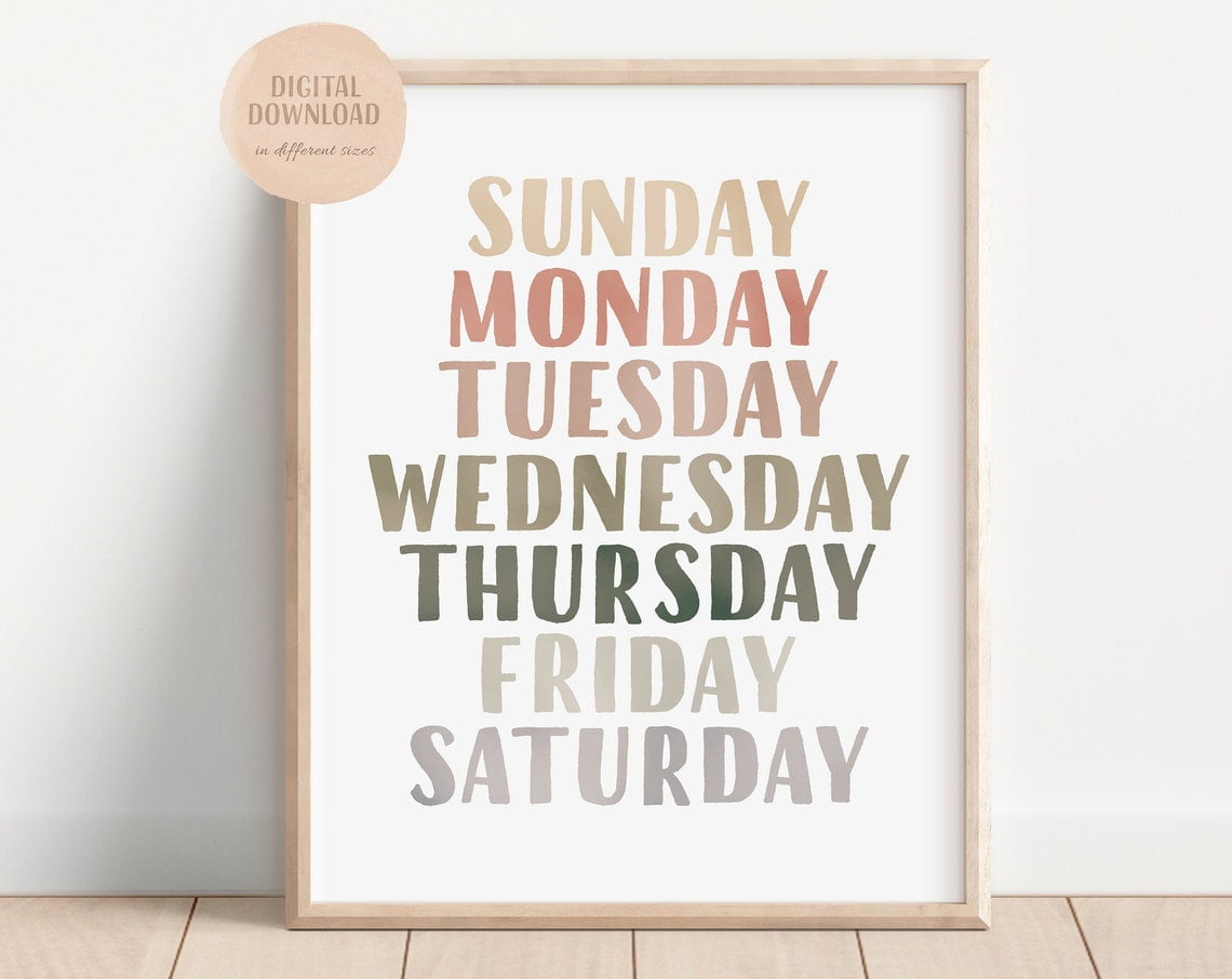 Kna Prints - 1 Pc Poster Neutral Days Of The Week, Playroom Educational ...