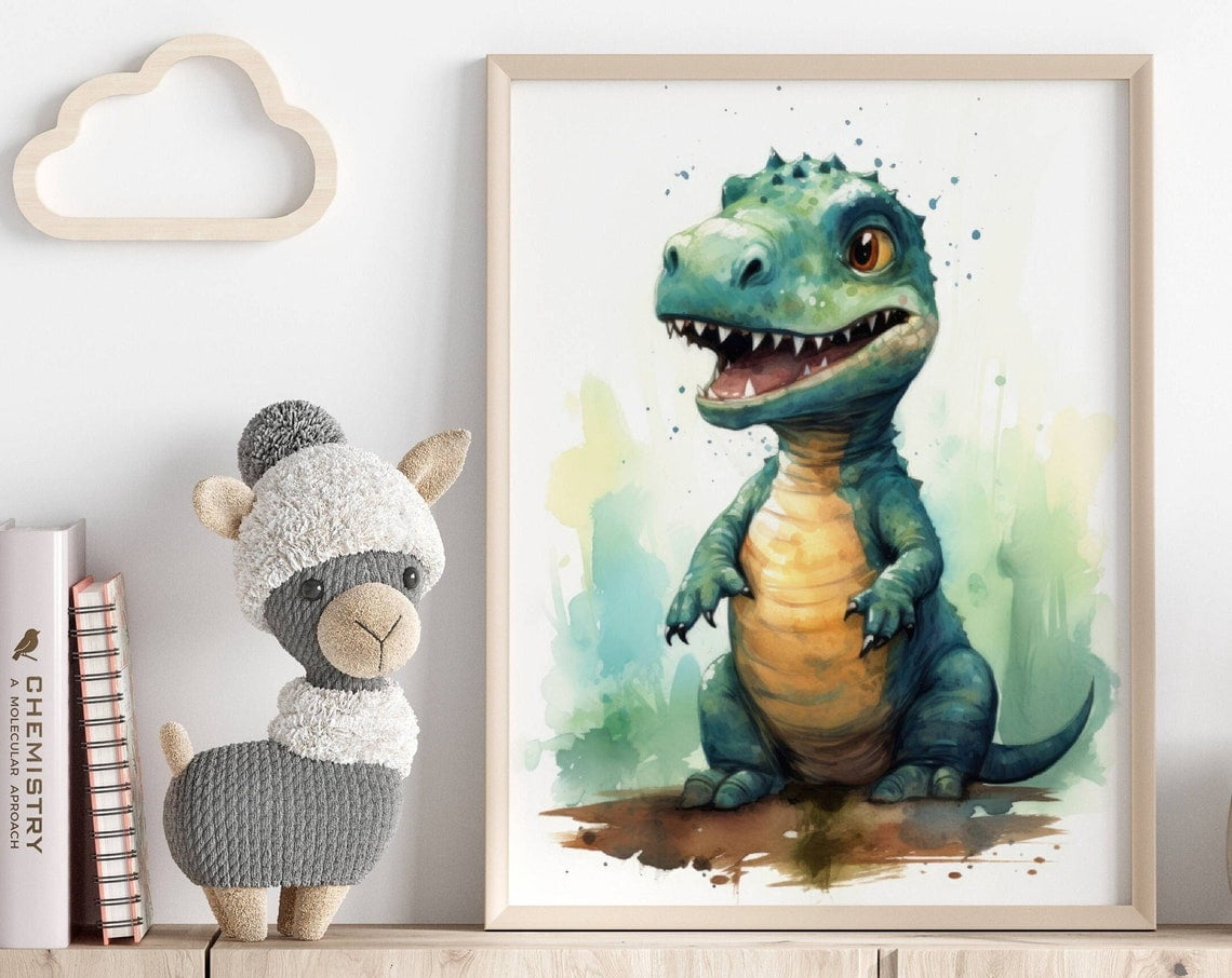 Kna Prints - 1 Pc Poster Nursery Decor Cute Dinosaur Watercolor Green ...