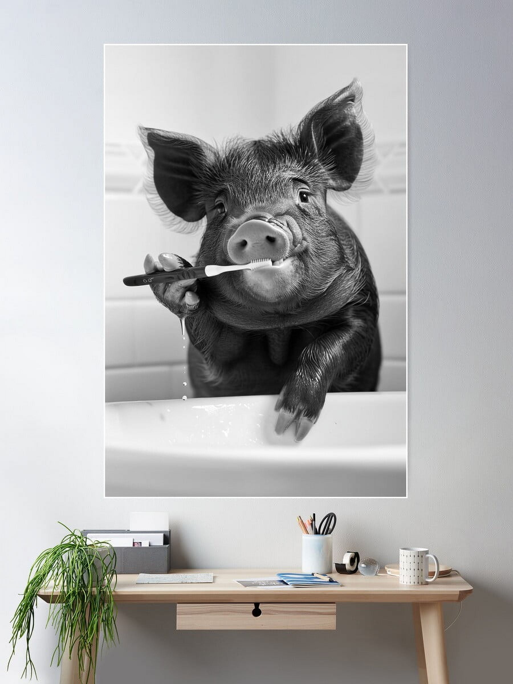 Kna Prints - 1 Pc Poster Pig Brushing Teeth In The Bathroom, UNFRAMED ...